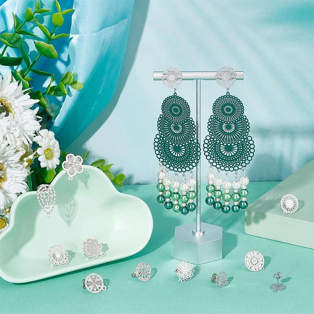UNICRAFTALE 24pcs 12 Styles Stainless Steel Flower Stud Earrings with Loop Bohemian Hollow Flat Filigree Earrings Posts with Hole Teardrop Stud Earring Metal Ear Stud Component for Jewelry Making