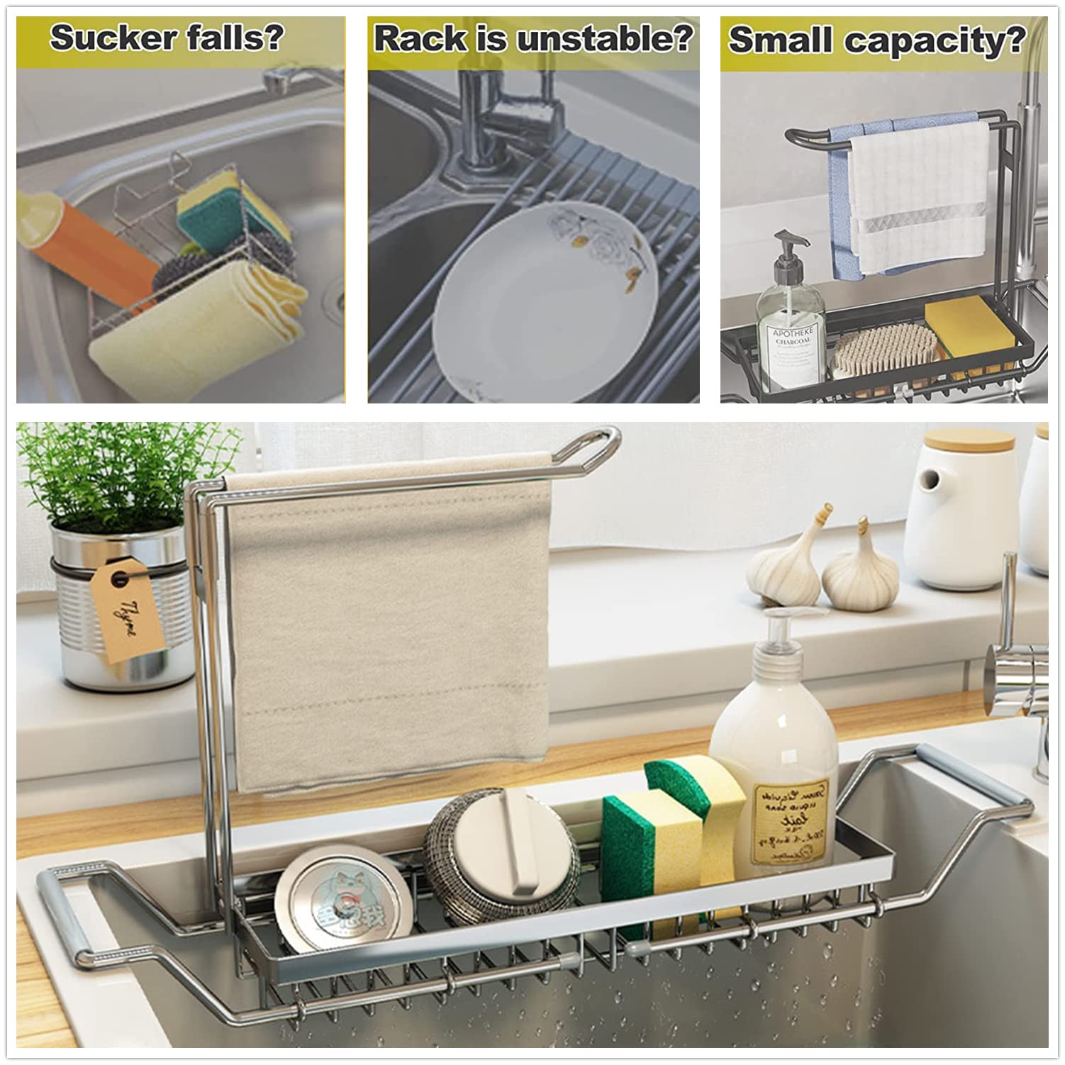 Telescopic Sink Storage Rack, Expandable Sponge Holder for Kitchen Sink, Sink Caddy Organizer with Dishcloth Towel Holder,Over Sink Telescopic Sink Rack Sponge Brush Soap Holder for Home Kitchen