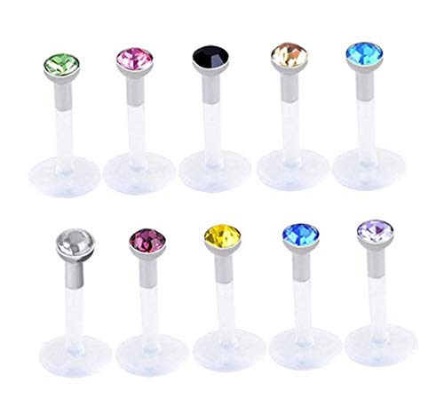 Tiande 10PCS 16G Clear UV Flexible Acrylic 2mm CZ Gem Labret Monroe Lip Ring/Tragus/Helix/Cartilage Earring Stud Barbell Body Piercing Jewelry