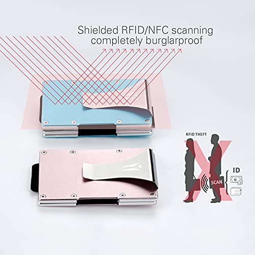 Yeacun Minimalist Women Man Aluminum Metal RFID Blocking Anti-theft Wallet, Pink Pull-out Design Convenient Credit Card Holder