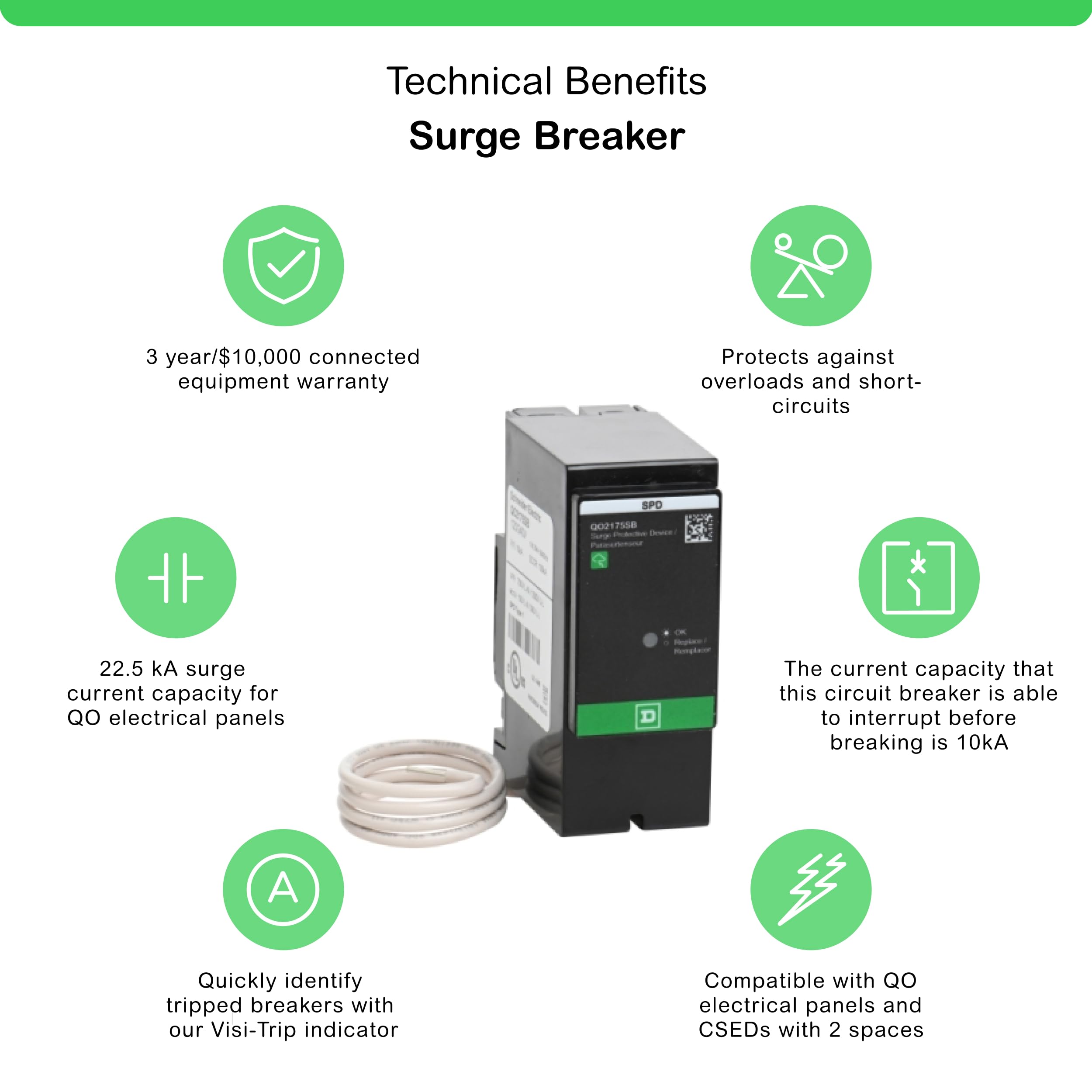 Square D - QO2175SB QO SurgeBreaker, Surge Protection Device, 22.5kA, 120/240V, 1-Phase, 3-Wire