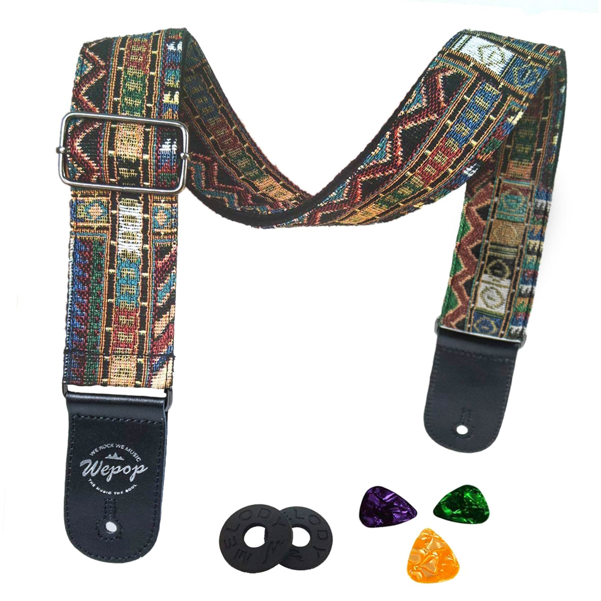 Wepop Guitar Strap Vintage Woven Style Adjustable Acoustic Electric Guitar Bass Strap with Leather Ends, Picks, Strap(Folk lattice)