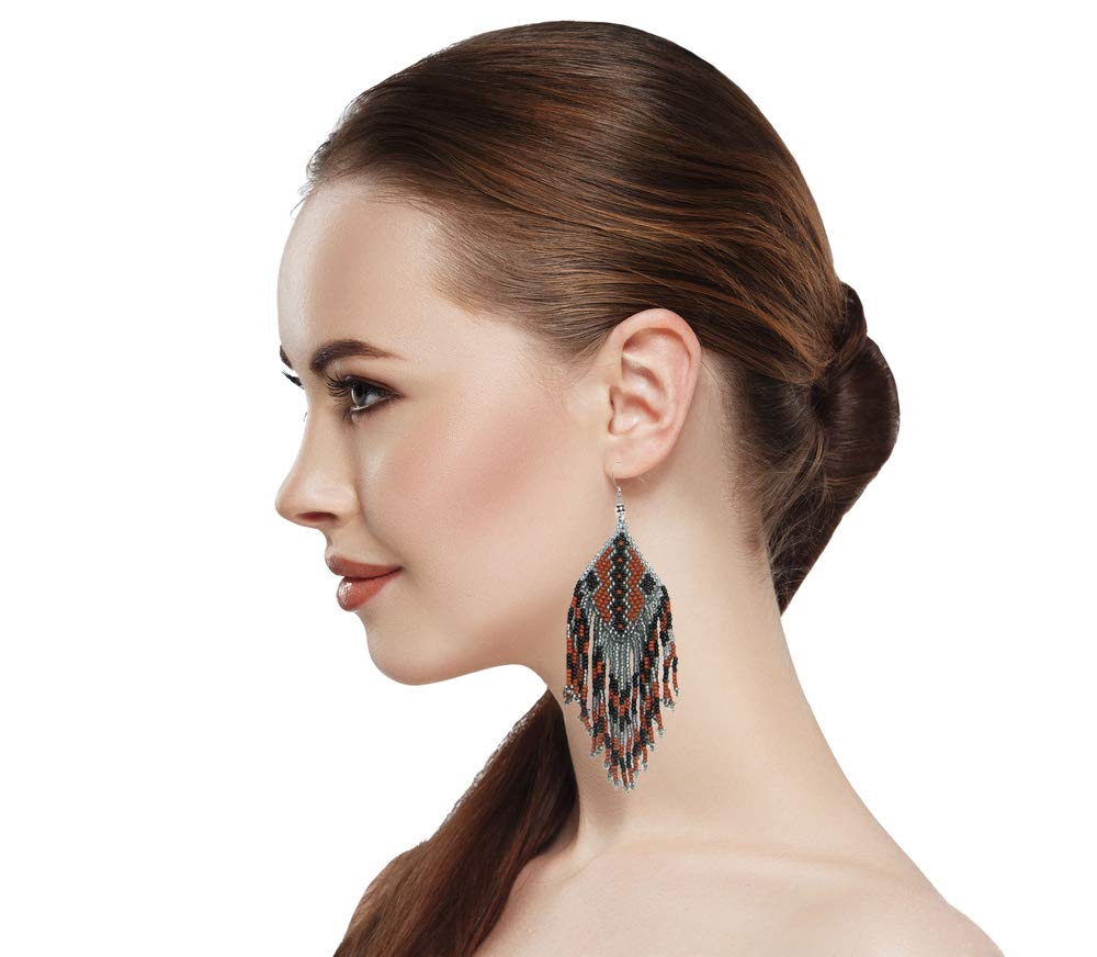 Southwestern Native American Inspired Geometric Beaded Earrings Handmade (Gray Brown)