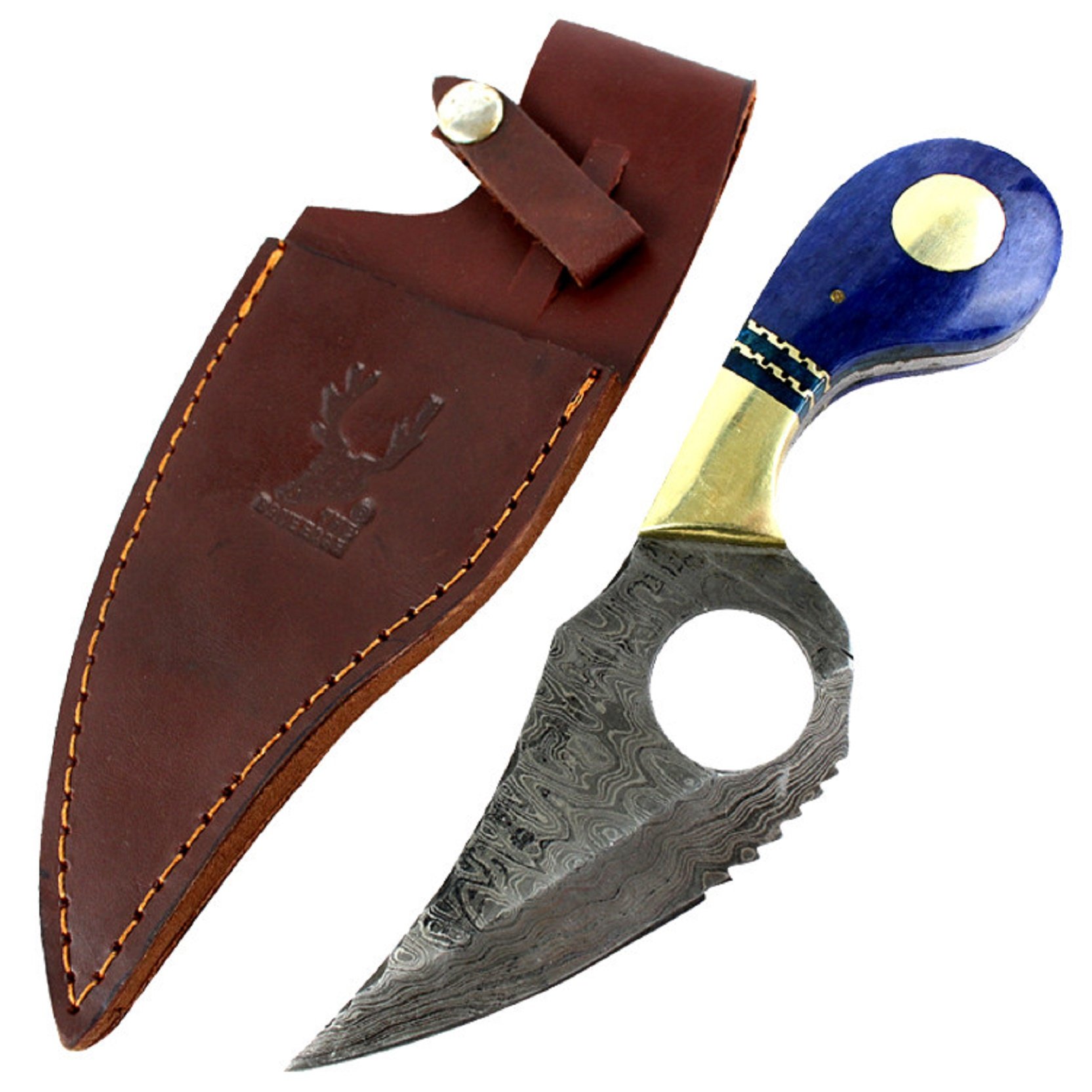 THE BONE EDGE 7.5" Damascus Blade Hunting Tactical Knife Blue Handle Leather Sheath