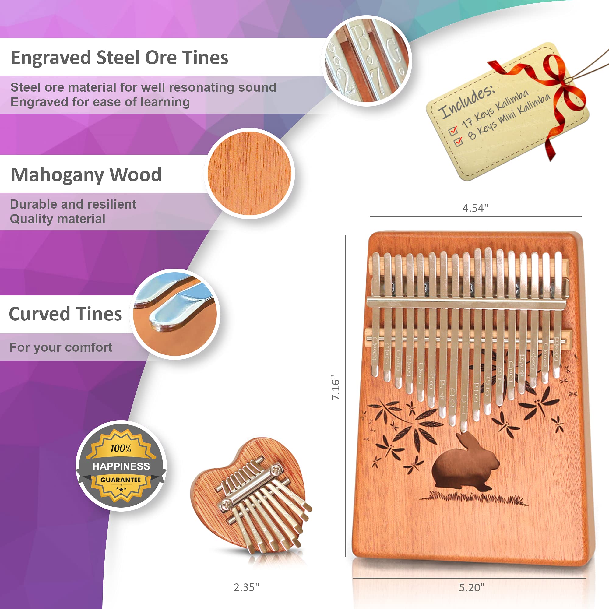 Zoanaz Kalimba Thumb Piano 17 Keys and Mini Kalimba 8 Keys. Gift Box Includes 2 Kalimbas Cute Bunny Heart Shape. Complete Set of Mbira Finger Piano
