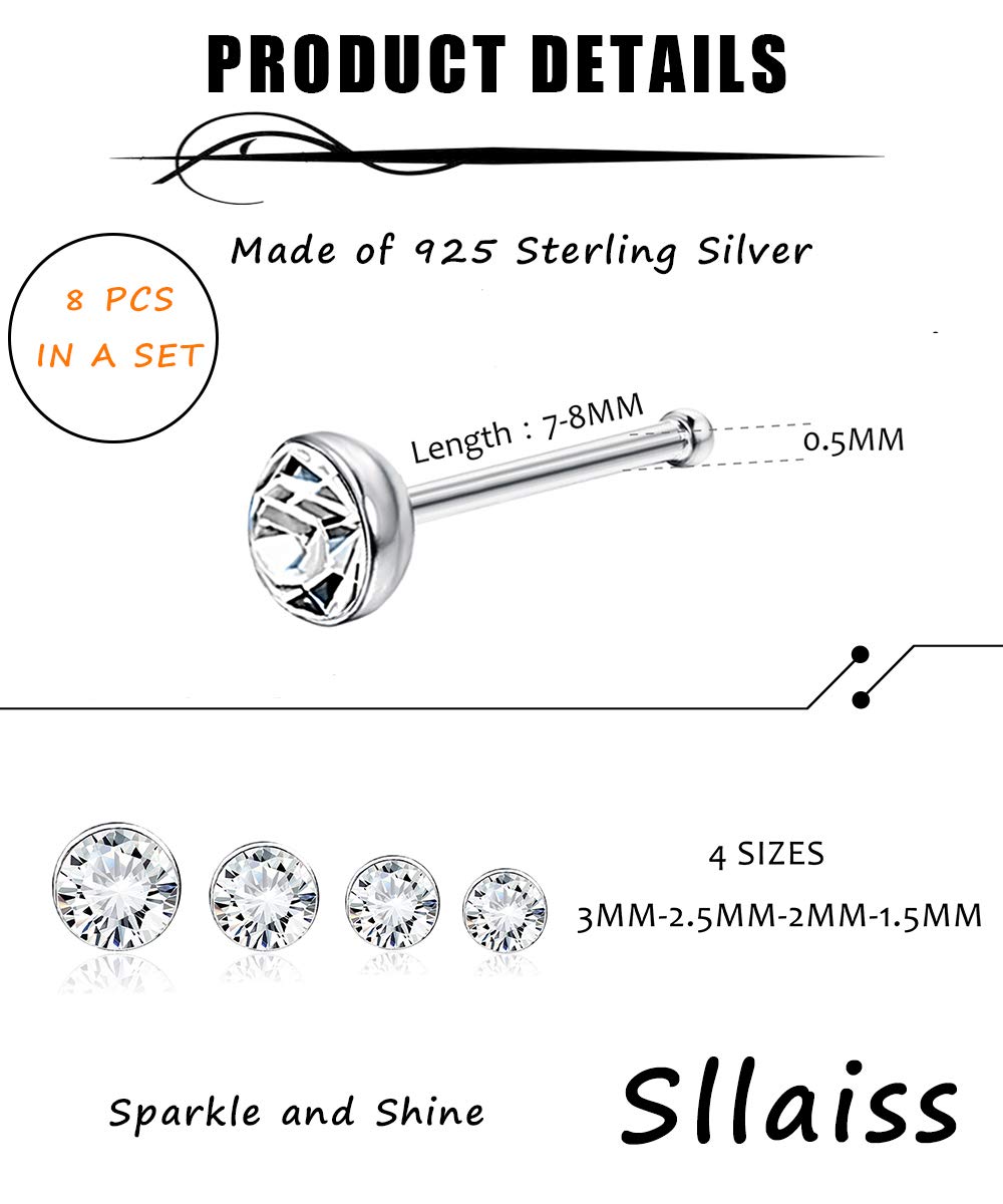 Sllaiss 8 Pcs 925 Sterling Silver Tiny Nose Ring Studs Set for Women Round Czech Crystal Nose Piercing Body Jewelry Hypoallergenic 1.5MM 2MM 2.5MM 3.5MM