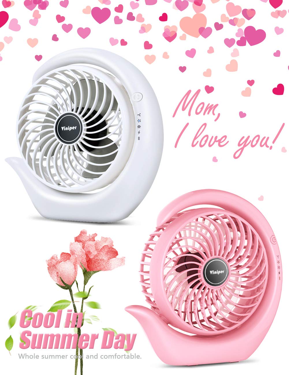 Viniper Portable Rechargeable Fan, Small Desk Fan : 3 Speeds & about 8-24 Hours Longer Working, 180 Rotation, Portable Desktop Fan Small but Mighty, Strong Wind (White, Light Black Blade)6.2 Inch