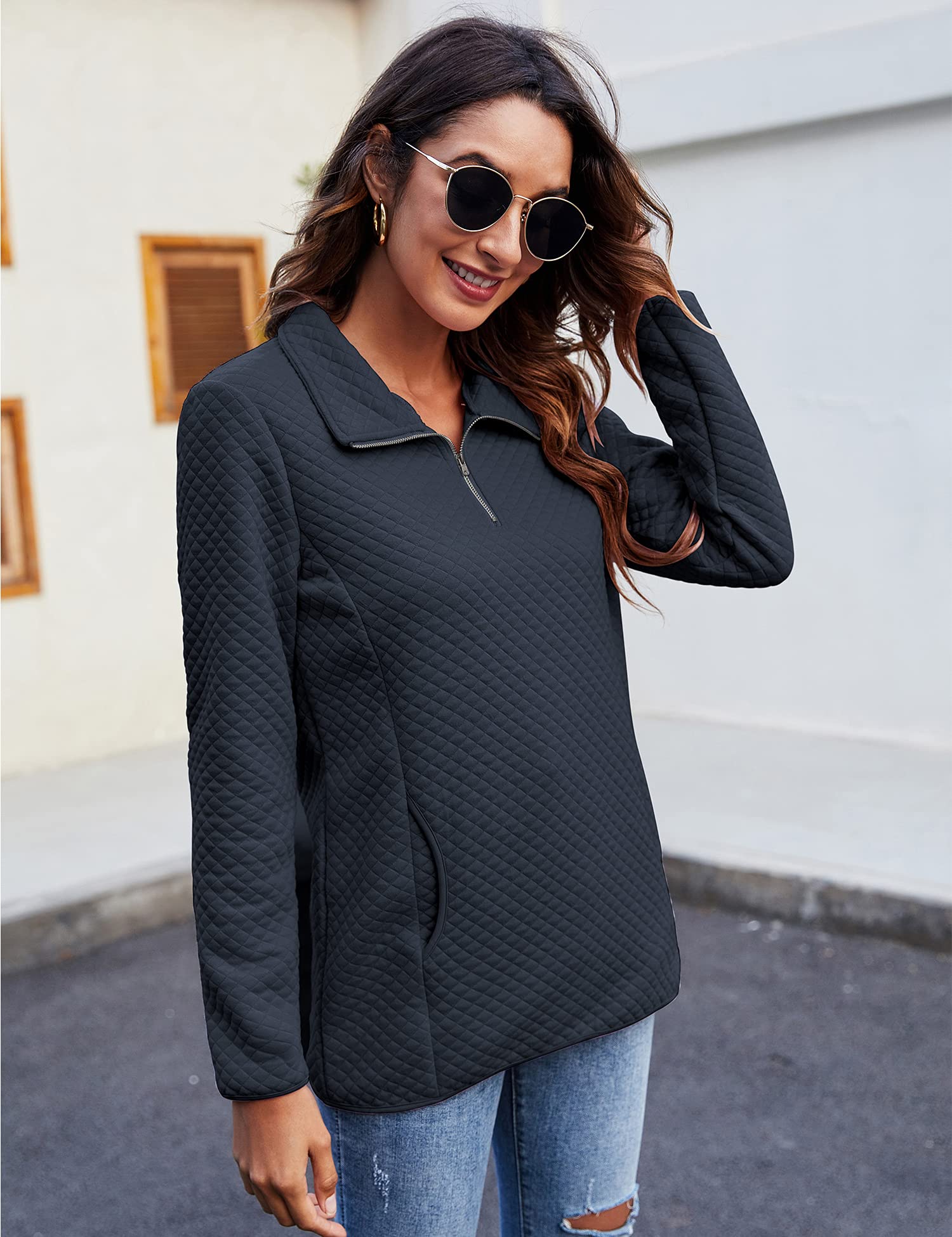 Women Half Zipper Long Sleeve Pullover Quilted Pattern Hoodie Casual Sweatshirt Stand Collar Tops with Pocket Navy Blue S