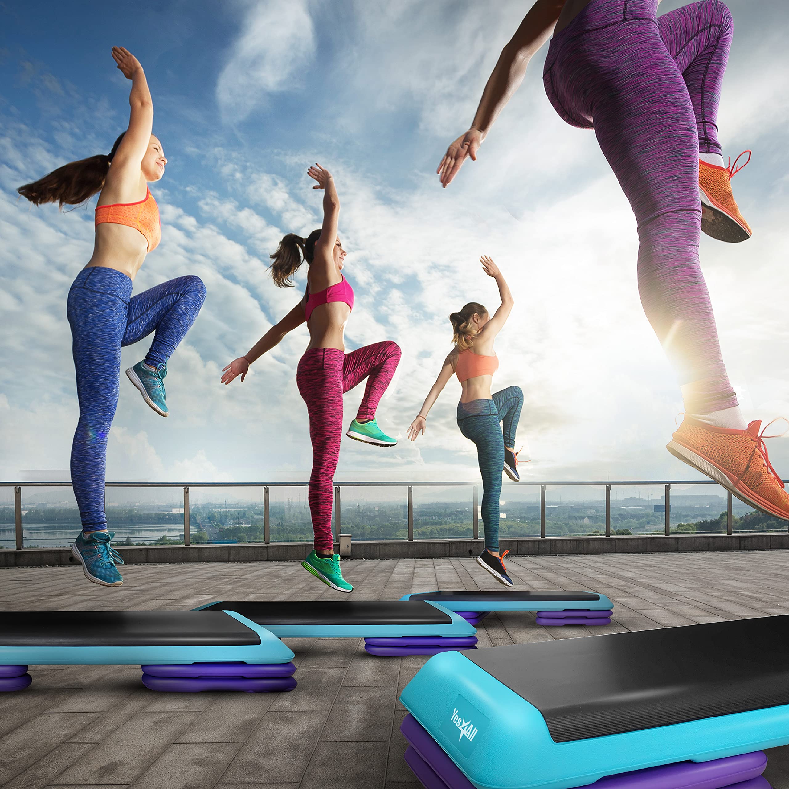 Yes4All Aerobic Exercise Workout Step Platform Health Club Size with 4 Adjustable Risers Included and Extra Risers Options - Pink/Grey