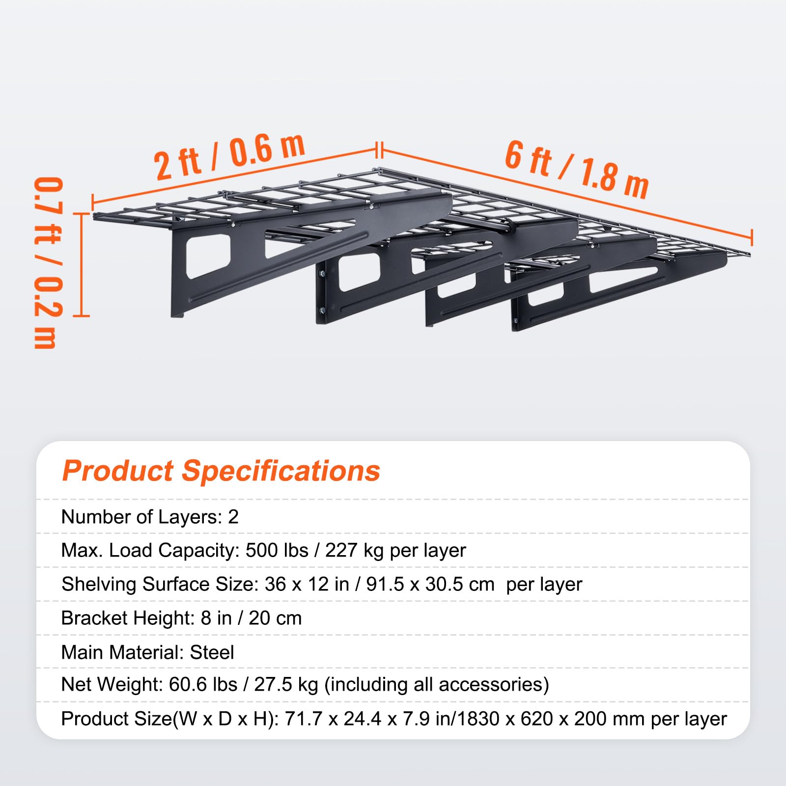 VEVOR Garage Shelving Wall Mounted, 2 x 4 ft Heavy Duty Garage Wall Shelves, 500 lbs Load Capacity Garage Storage Rack Floating Shelves, 2 Pack, Suitable for Shop, Shed, Garage Storage
