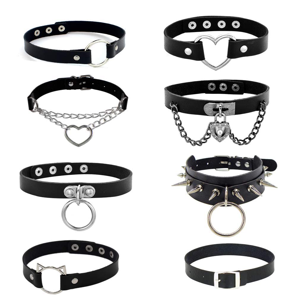WeeH Gothic Choker Set for Women and Men - Pack of 8pcs Black PU Choker Punk Rock Necklace Vintage Collar Cosplay Choker Costume Accessory