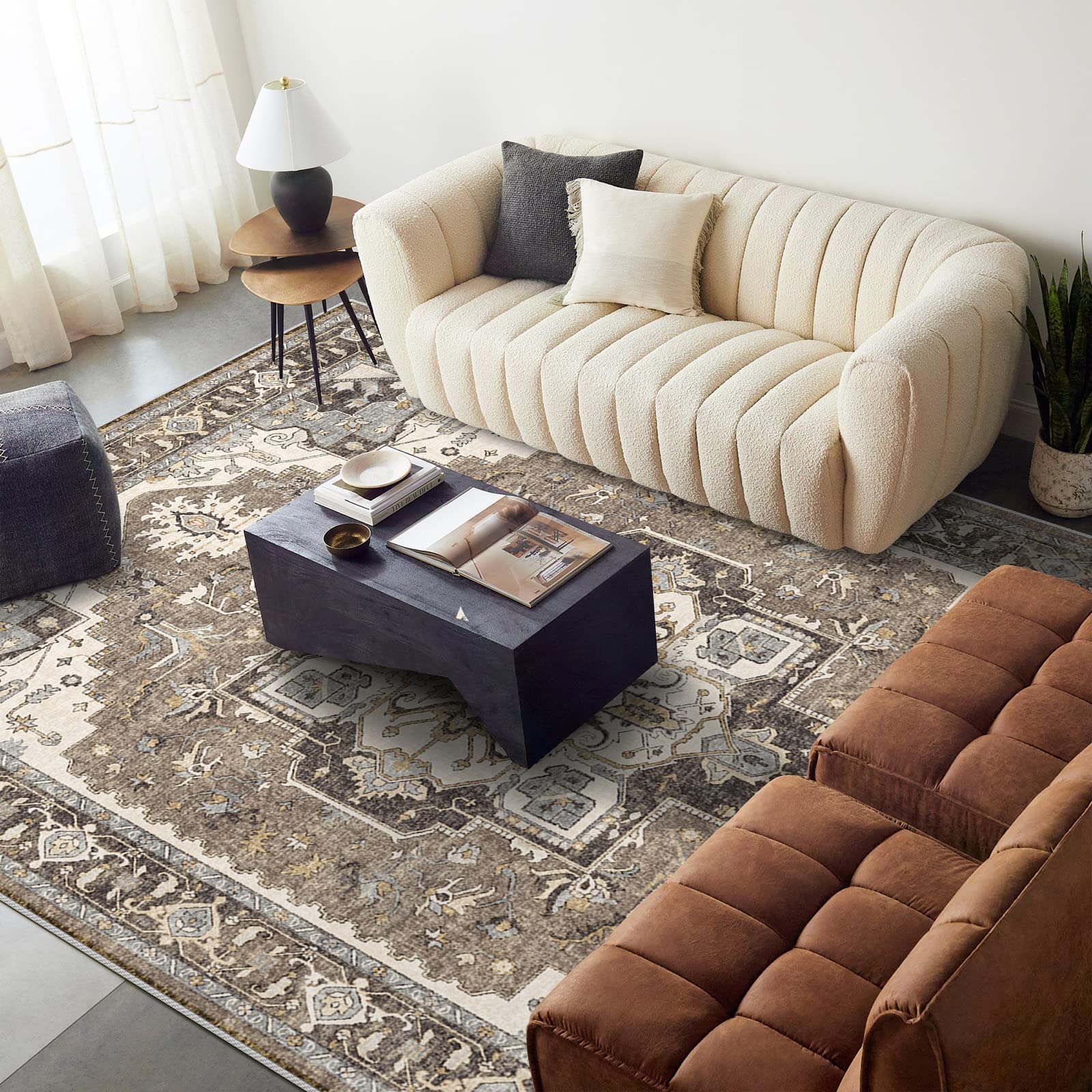 Washable Living Room Area Rug - 9x12 Large Bedroom Rug Distressed Oriental Non-Slip Non-Shedding Print Floor Carpet for Dining Room Kitchen(Beige, 9 x 12)