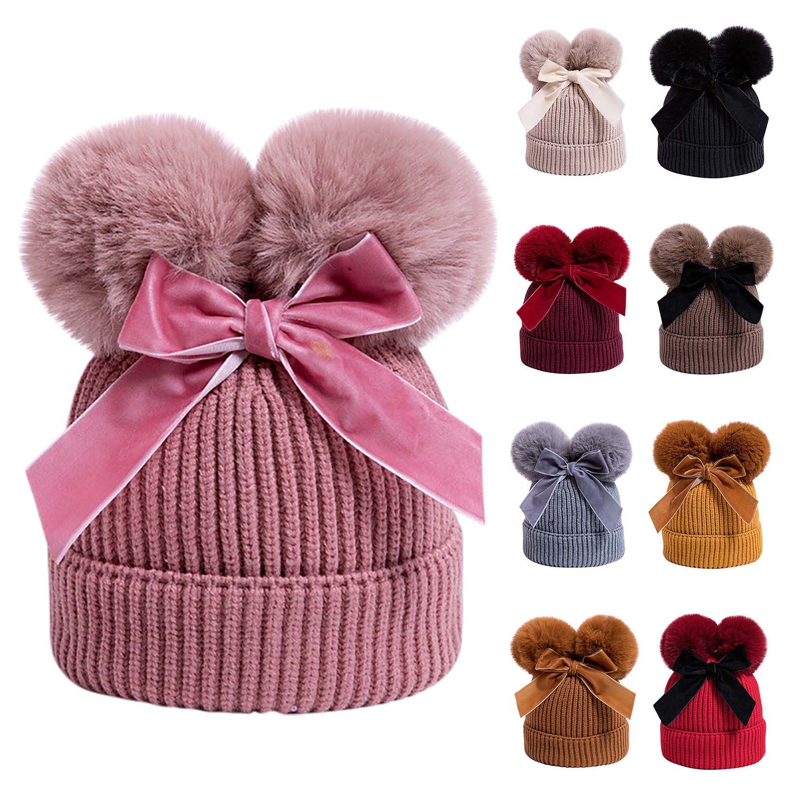 Toddler Baby Boy Girl Knitted Pompom Beanie Hat Thicken Warm Crochet Bow Double Pom Beanie Cap Kids Winter Hats Black