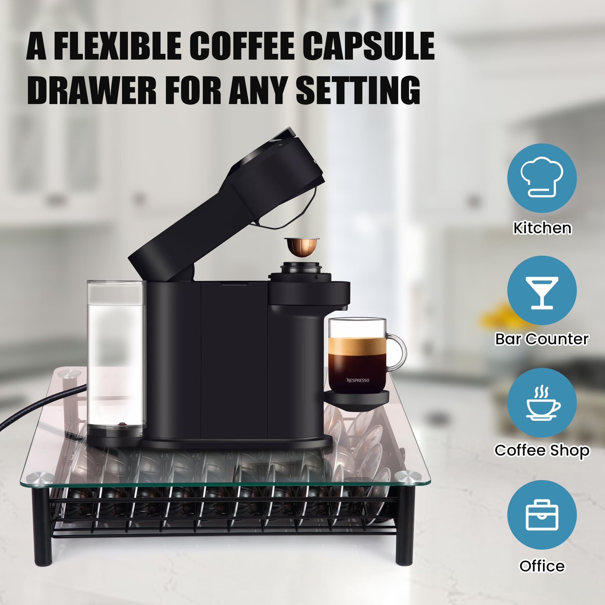 Tempered Glass Coffee Pod Drawer,Nespresso Vertuo Pod Holder Drawer for 40(1.35/2.7 floz) Vertuoline Pod, Nespresso Capsule Organizer Compatible with Vertuo Next Vertuo Plus,14.76"D x 12.99"W x 3.5"H