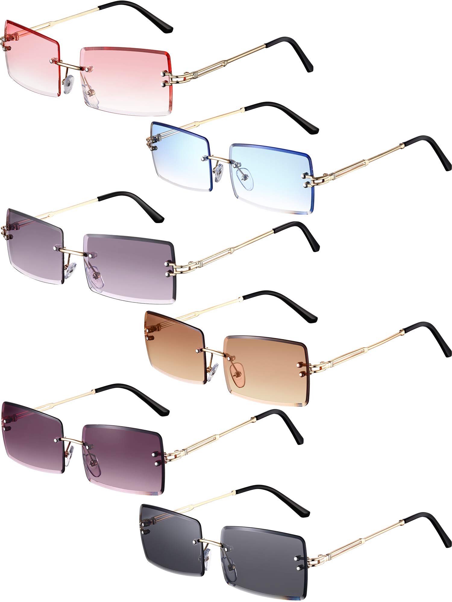Weewooday 6 Pairs Rimless Rectangle Sunglasses Small Vintage Sunglasses Retro Frameless Eyewear for Women Men Travel Outdoor (Black-Gray, Tea Color, Blue, Purple, Gray, Red)