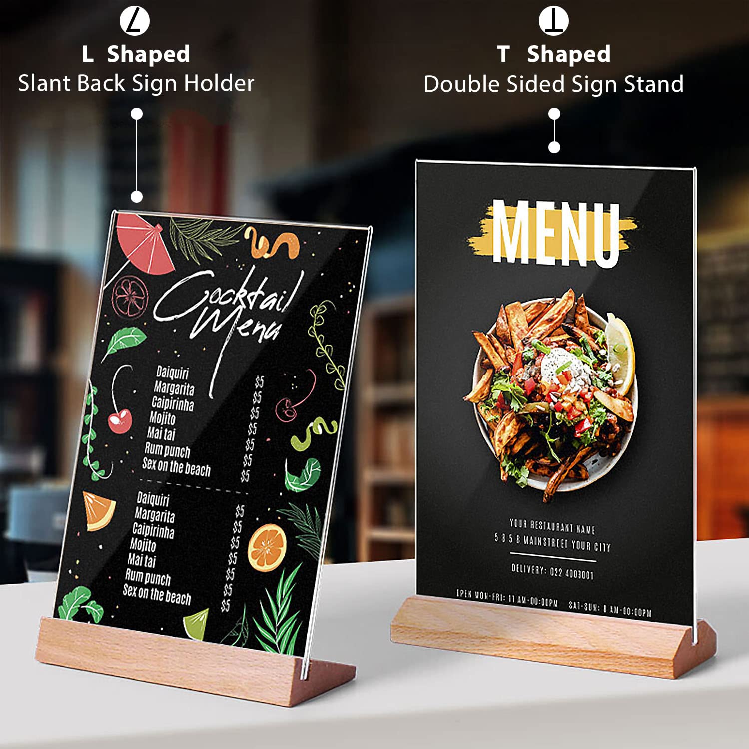 TONICEĀ® 3 Pack 5x7 Acrylic Sign Holder Slant Back Design L Shape Clear Acrylic Frames Wood Base, Table Menu Display Stand Flyer Display for Desk Display (Optional 8.5x11/5x7 Inch L/T Shape)