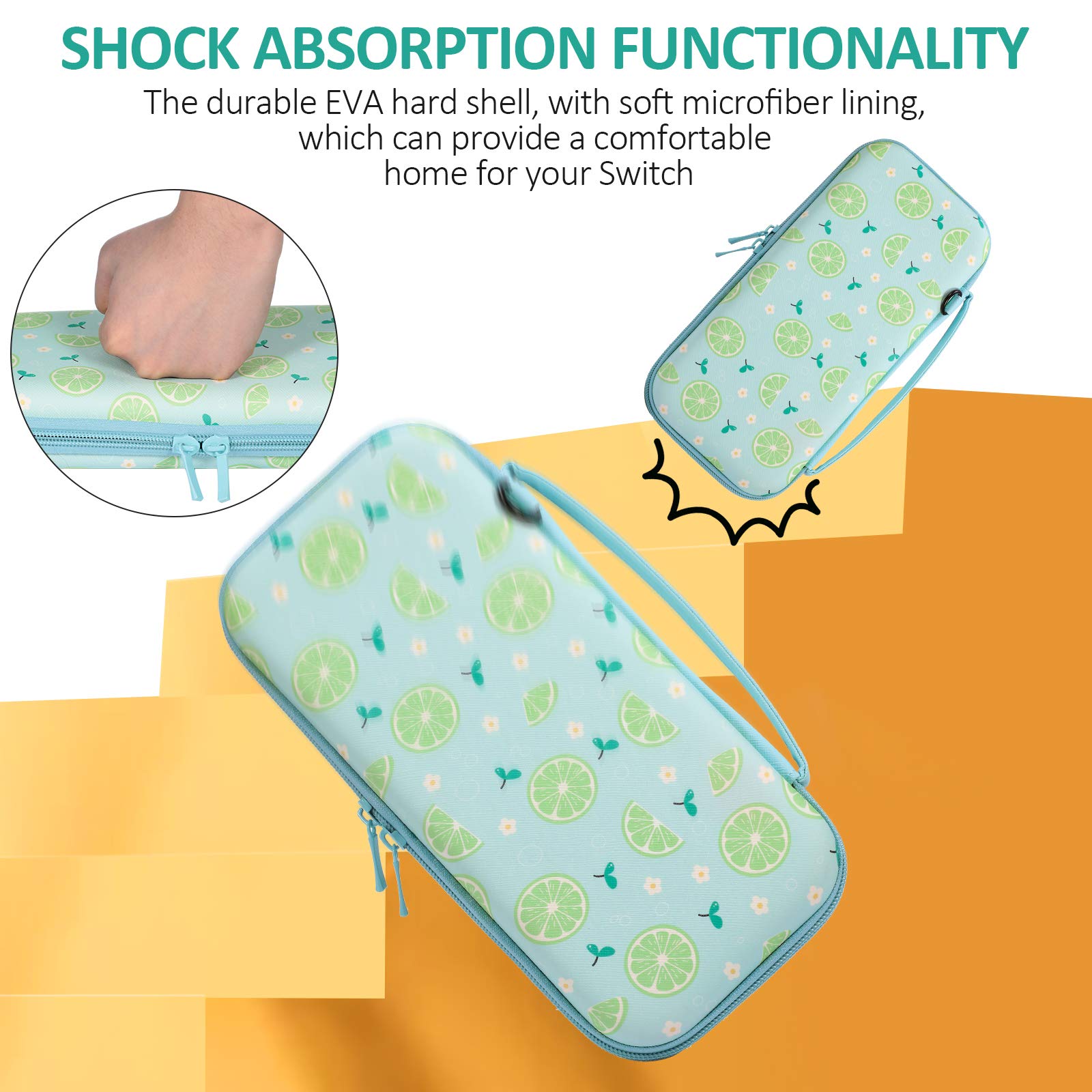 Weewooday Green Lemon Patterns Portable Carrying Case Hard Protective Travel Case with 2 Pieces Thumb Grip Covers Shell Pouch Compatible with Nintendo Switch Accessories