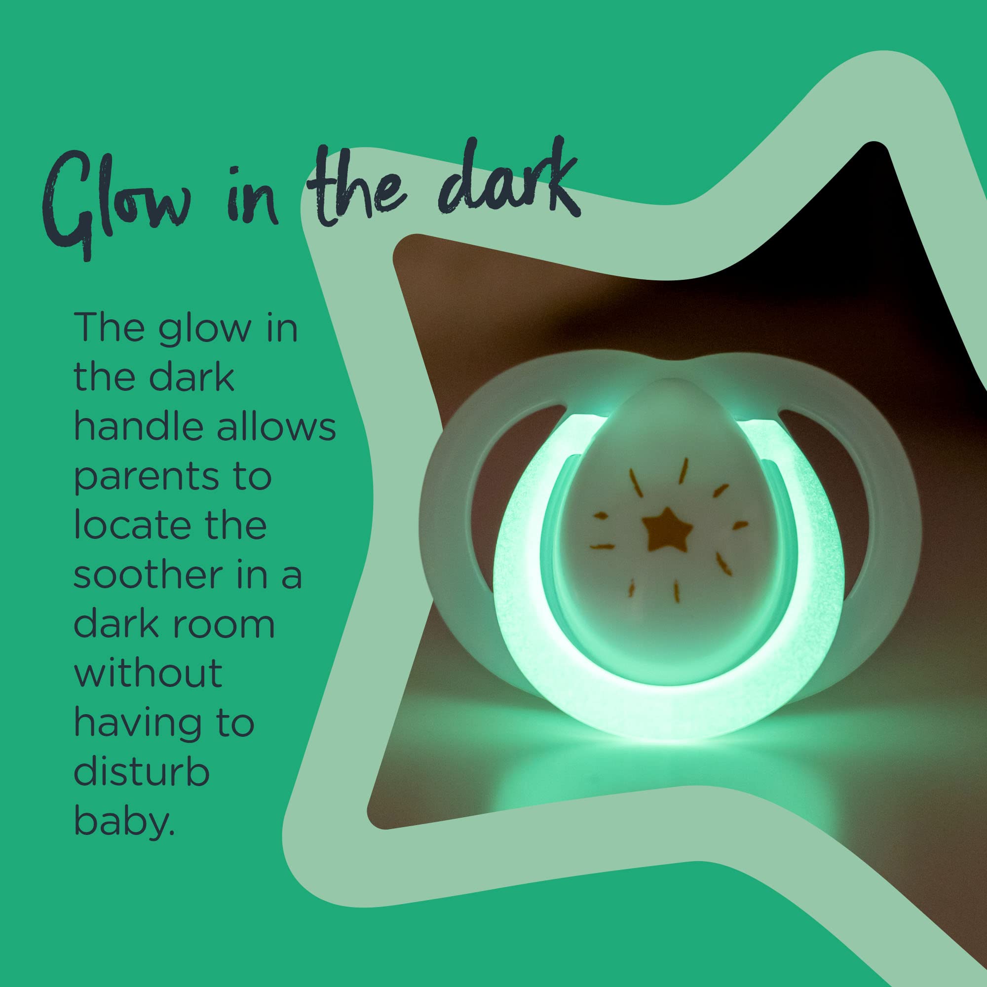 Tommee Tippee Night Time Glow in The Dark Pacifiers, Symmetrical Design, BPA-Free Silicone Binkies, 6-18m, 2-Count, Colors and Designs May Vary
