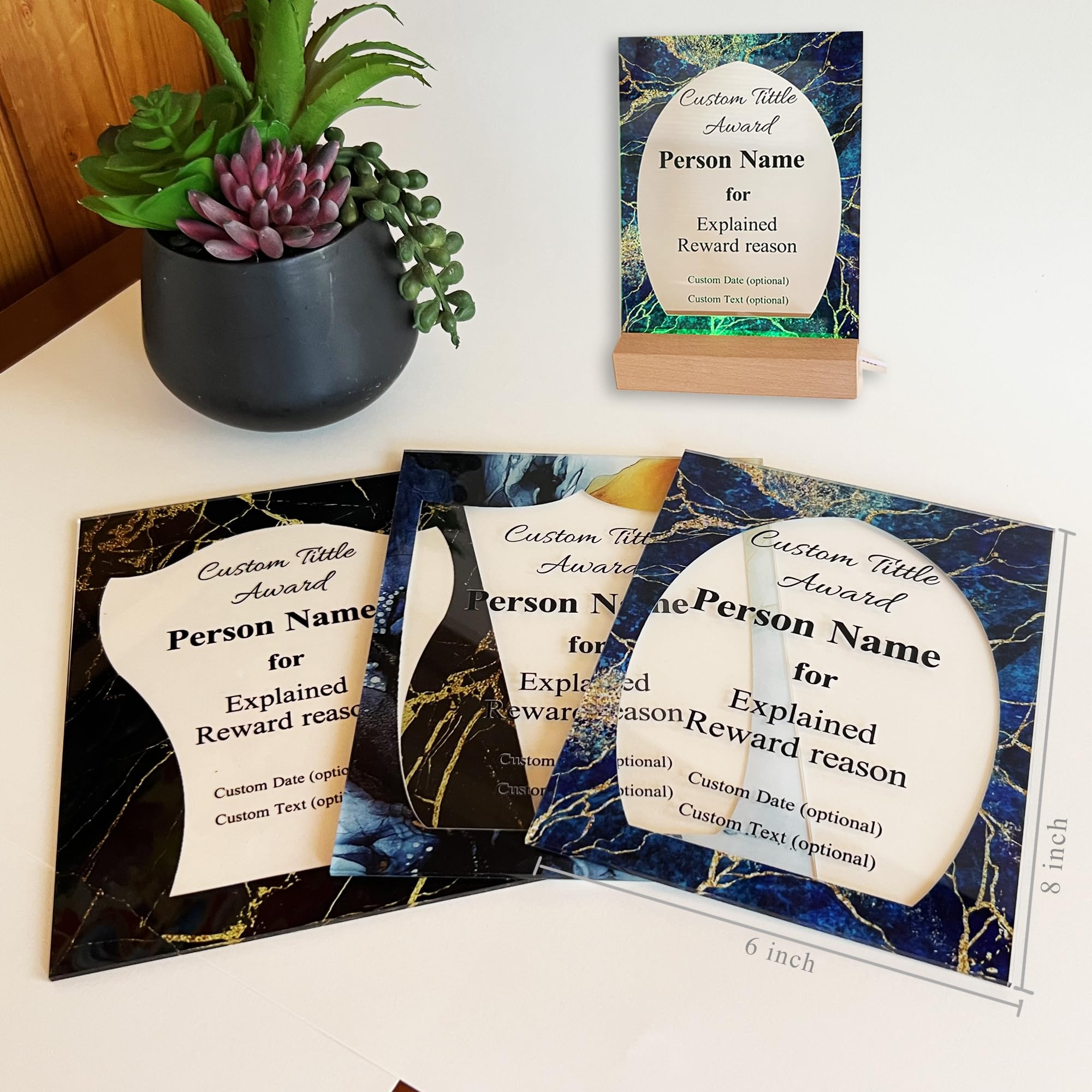 Tina&Co Customizable Award Plaque,Custom Award Plaque, Personalized Trophy Award,6 types of marble backgrounds, 5 shapes, 4 Base, with the option to add text or photos. (Award Plaque)