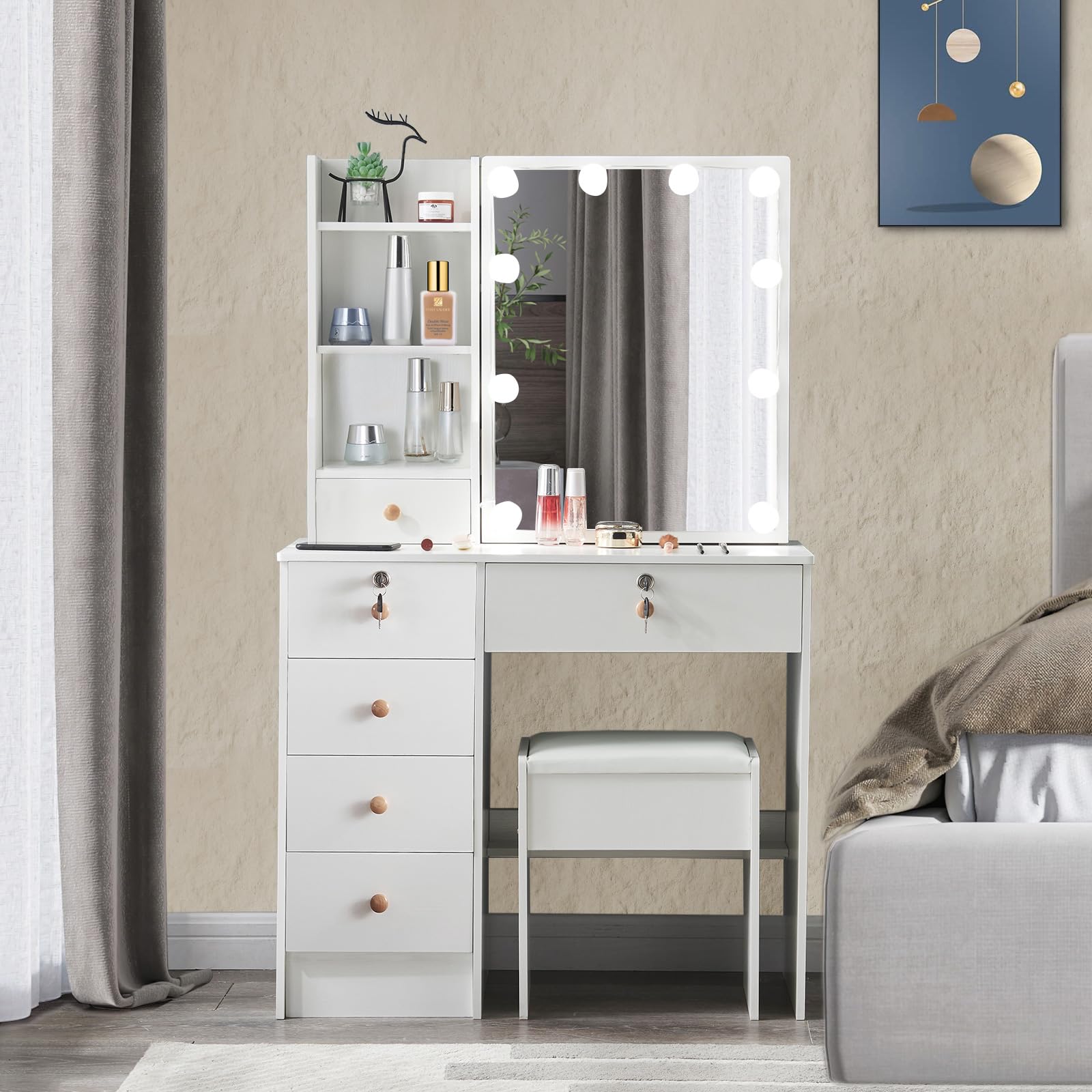Vanity Desk Makeup Dressing Table with LED Lighted Mirror Cushioned Stool Set 3 Color Lighting Modes Storage Shelves 5 Drawers Brightness Adjustable Modern for Women Girls Bedroom White