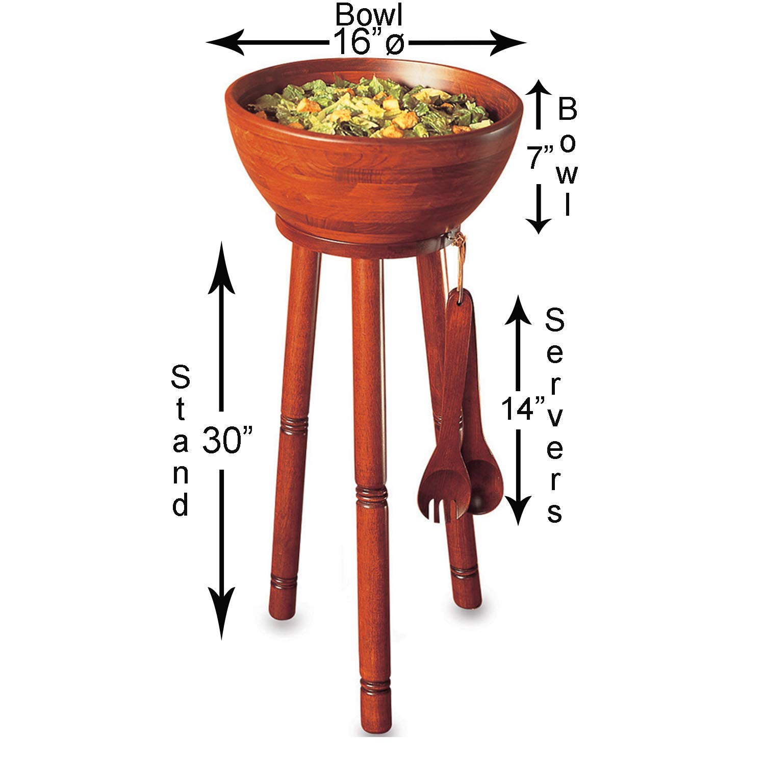 Woodard & Charles Extra Large Salad/Serving Bowl Set with Stand. 16" x 7" Bowl, 30" Stand, 14" Servers -perfect for Caesar Salads, Large Salads, Popcorn, Chips or Fruit.