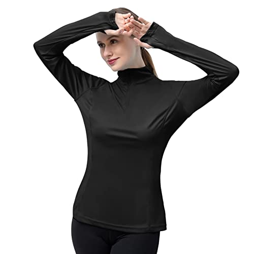 Women's Active Dry-Fit Long Sleeve UPF 50+ Sun Protection Tops Workout Outdoor UV Shirts with Thumb Holes P13 A-black