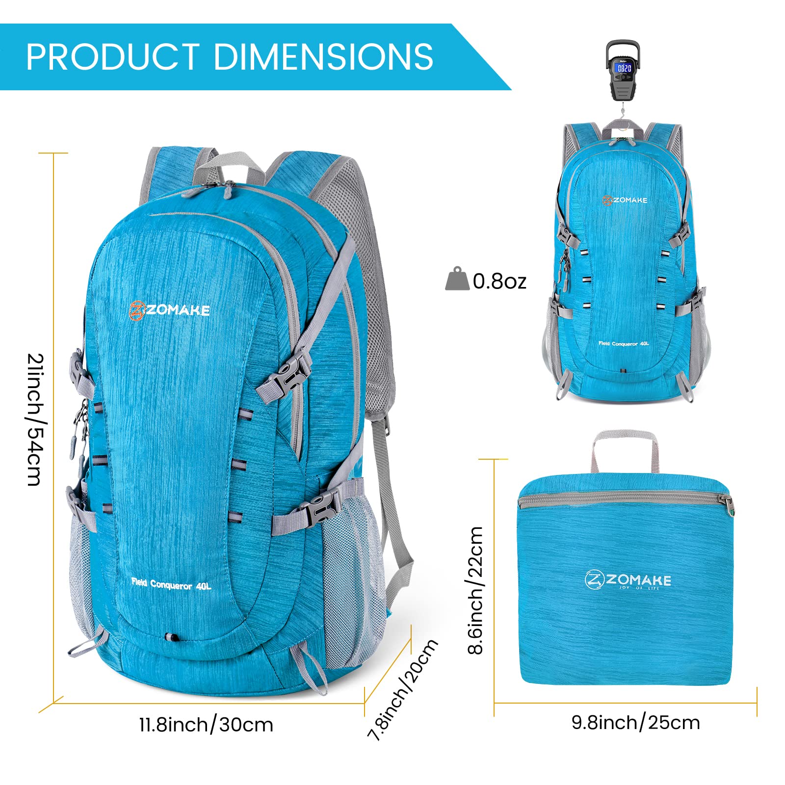 ZOMAKE Lightweight Packable Backpack 40L - Light Foldable Hiking Backpacks Water Resistant Large Folding Daypack for Travel(Aqua Blue)