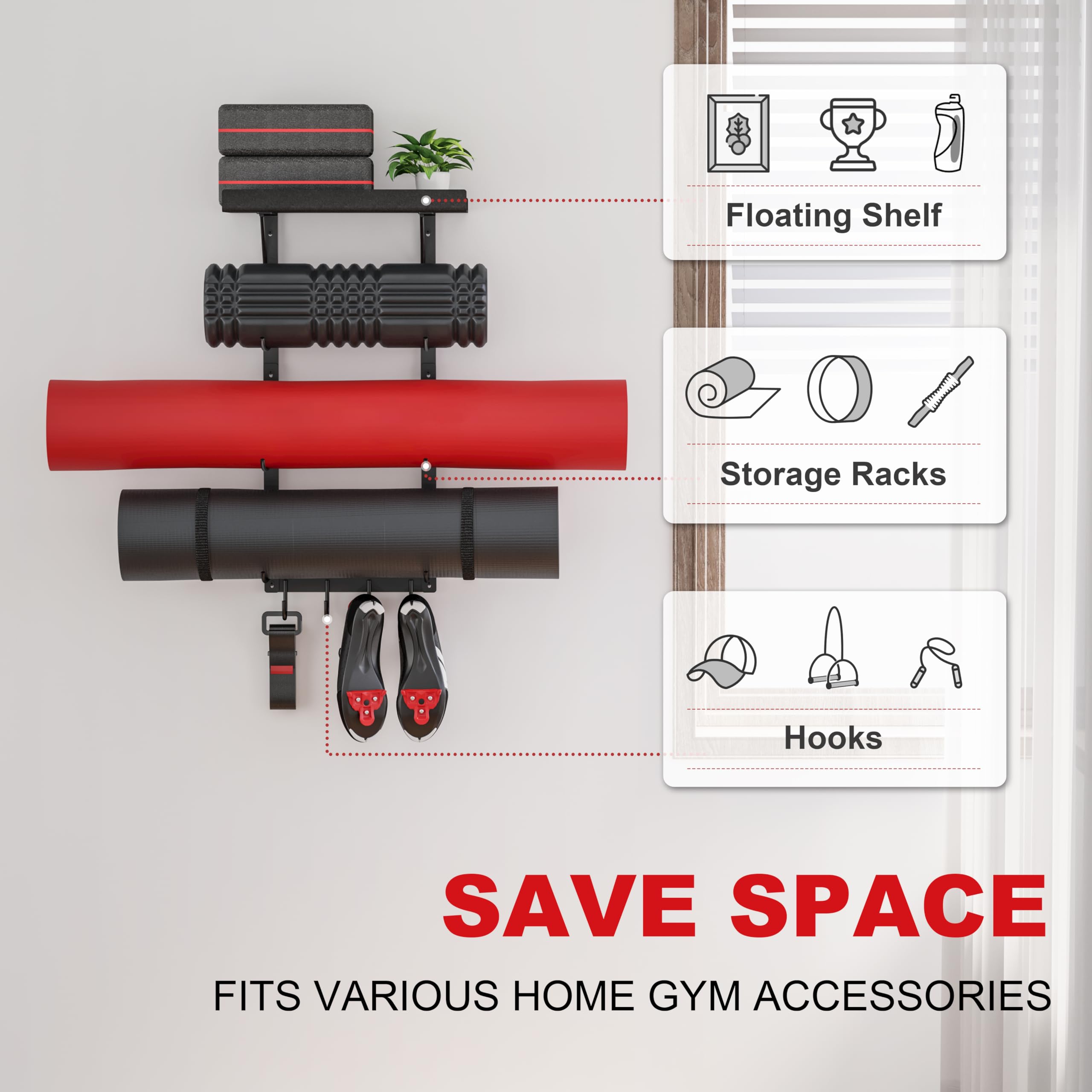 Yoga Mat Holder Wall Mount, Yoga Accessory Mat Storage Rack, Home Gym Accessories Organizer, Floating Shelf and Hooks for Hanging Foam Roller/Band/Workout Equipment at Pilates Fitness Class