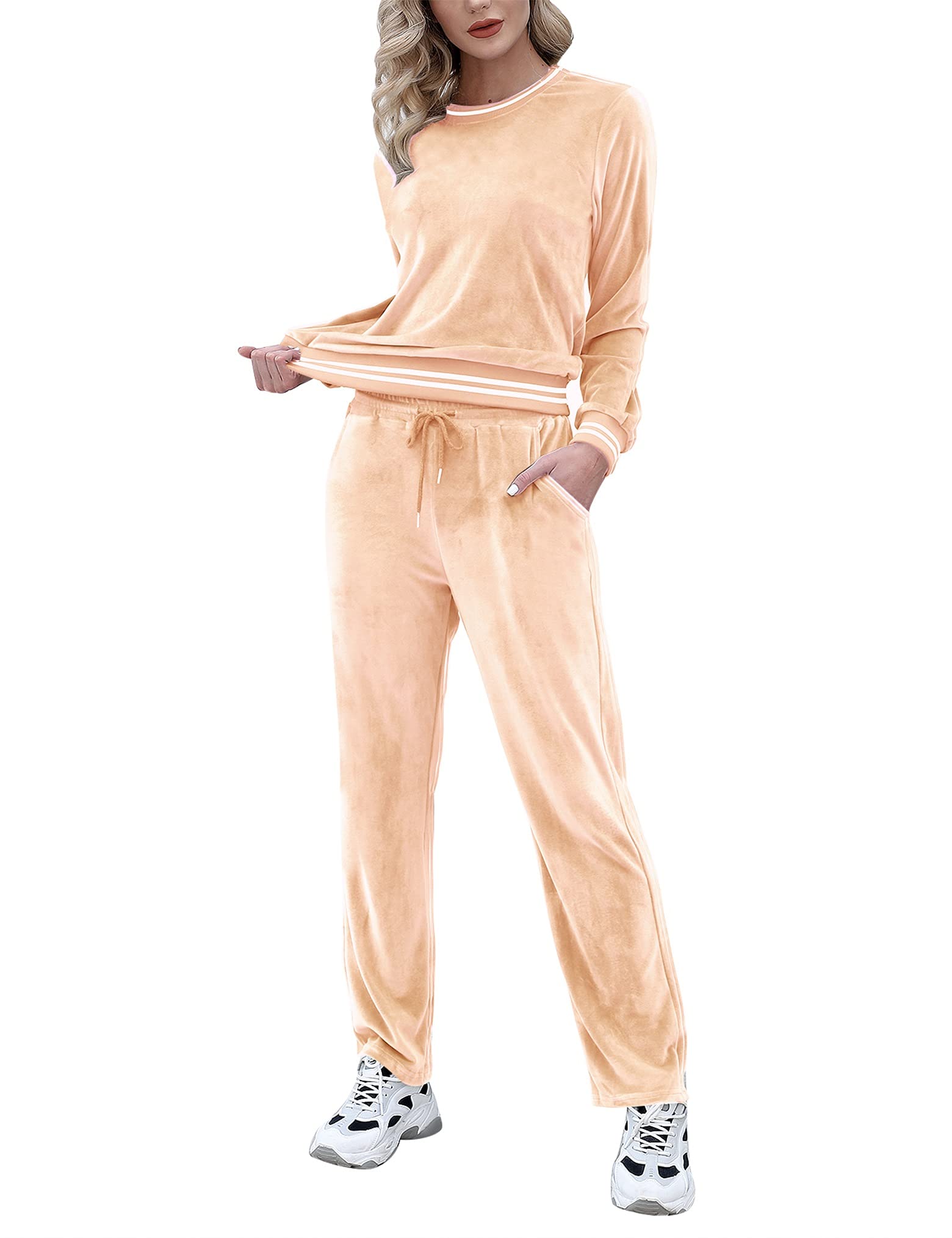 Totatuit Women's Velour Tracksuit 2 Piece Outfits Striped Long Sleeve Pullover and Pants Pajama Lounge Jogger Sets with Pocket