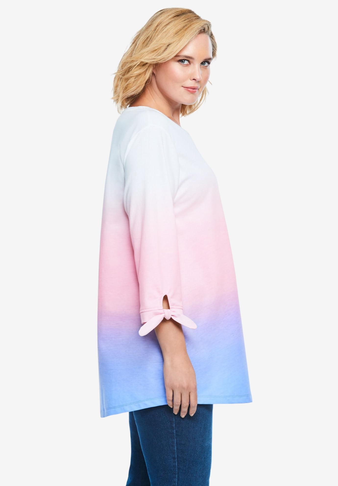 Woman Within Women's Plus Size French Terry Tie-Sleeve Sweatshirt - 18/20, Pink Ombre