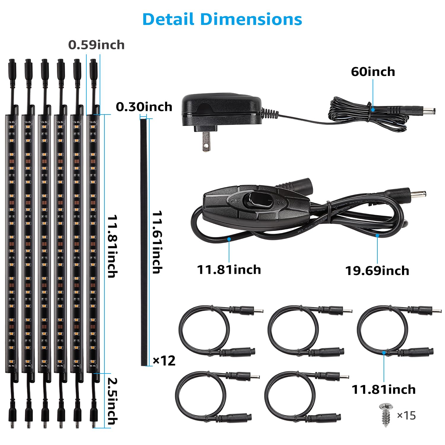 TORCHSTAR LED Safe Lighting Kit, (6) 12 Inch Linkable Light Bars + Rocker Switch + UL Power Adapter, 900LM, Input 100-240V, for Under Cabinet Gun Safe Locker Closet Showcase, 3000K Warm White