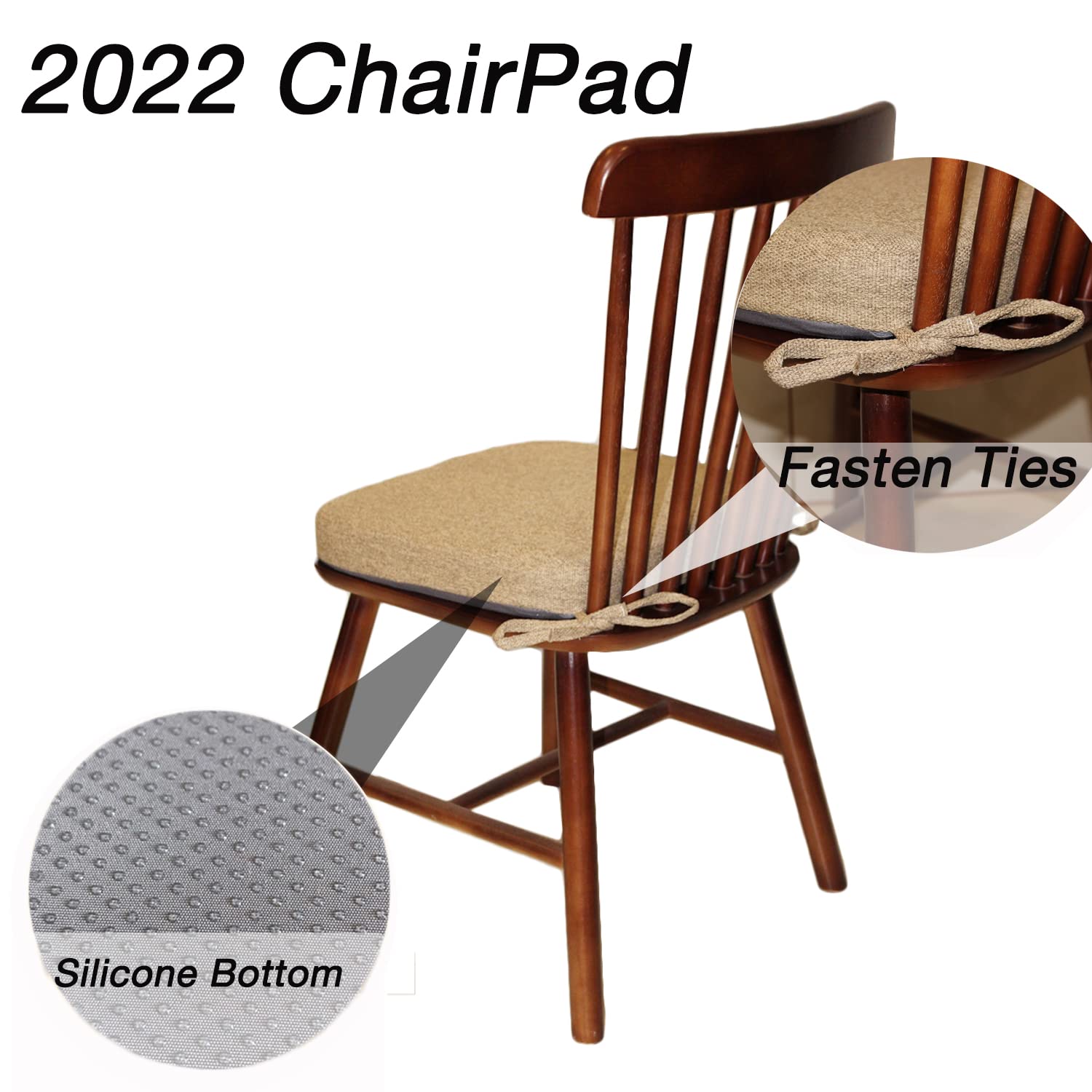 ZYHOONE Chair Cushion with Ties for Dining Chairs - Thick and Comfortable Non Slip Kitchen Seat Pad for Dining Room with Machine Washable Cover [15 X 15 X 2 Inches] - Natural Linen
