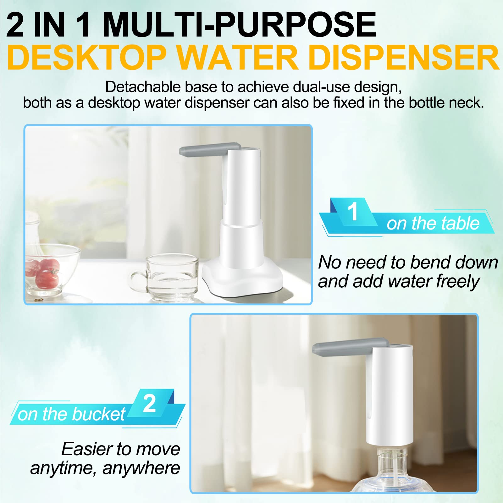 Water Bottle Pump Dispenser, Foldable Desktop Electric Water Dispenser, Automatic Drinking Water Pump for 5 Gallon & Universal Bottles, Removable Water Jug Pump for Home, Office