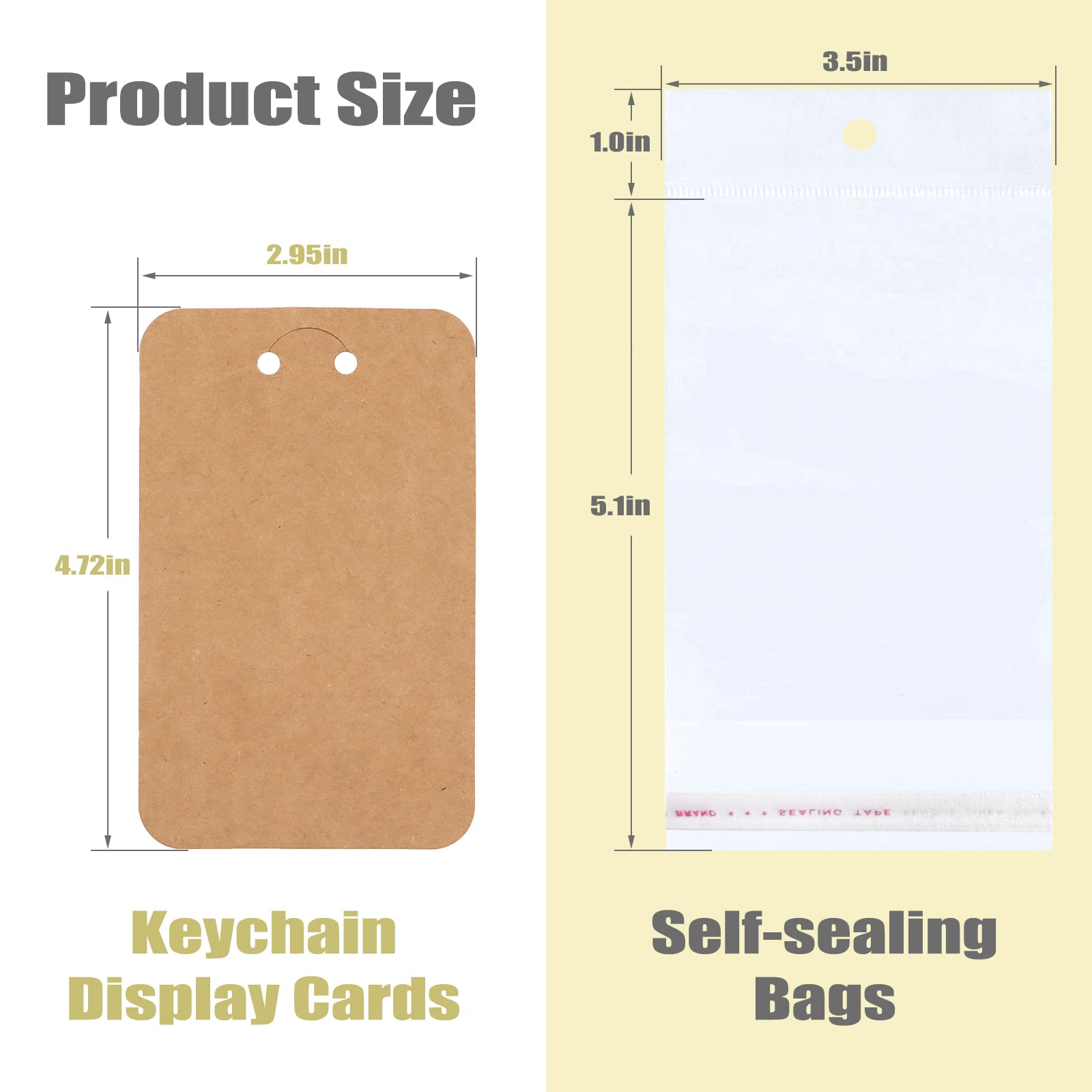 ZYNERY 150 PCS Keychain Display Cards, 3 x 4.7 Inch Keychain Holder with Self-Sealing Bags, Card Display Rack for Displaying Keyring Jewelry Bulk Keychains Packaging Supplies (Kraft)