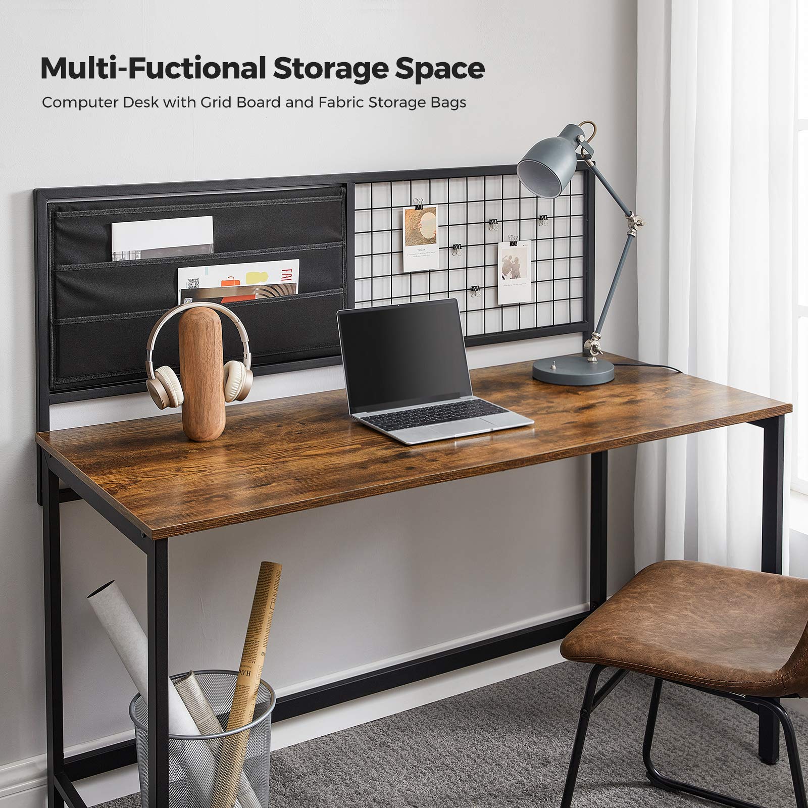 VASAGLE Computer Desk, 53.9 Inches Long Study Writing Desk for Home Office with Grid Board and Fabric Storage Bags, Industrial Style PC Laptop Table, Steel Frame,Rustic Brown and Black ULWD063B01
