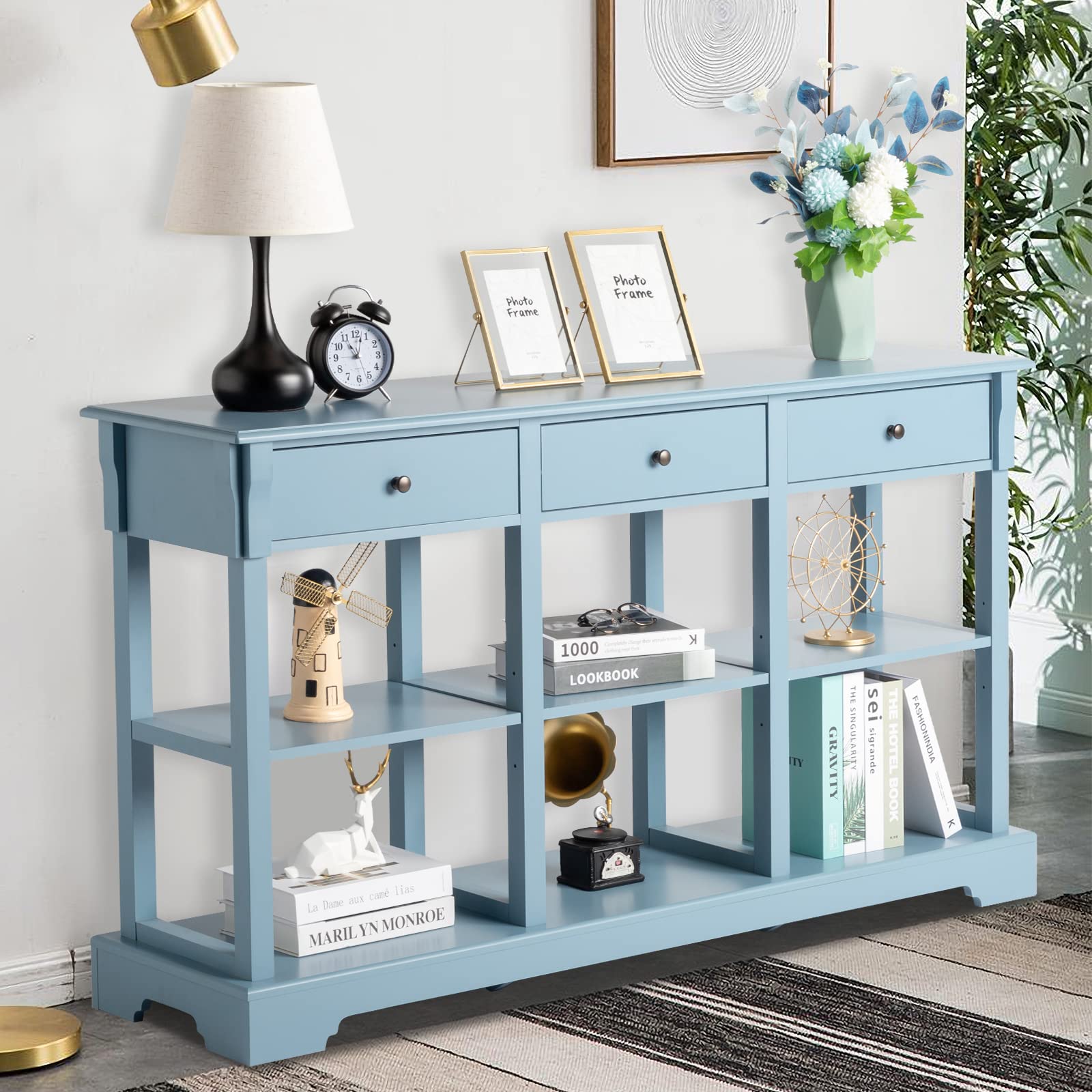 Sofa Table, Farmhouse Console Table for Living Room, Hallway entryway Table with Storage, Entry Table for Foyer,Open Storage Shelf for Home Living Room 58.2" L x 14.2" W x 32.5" H