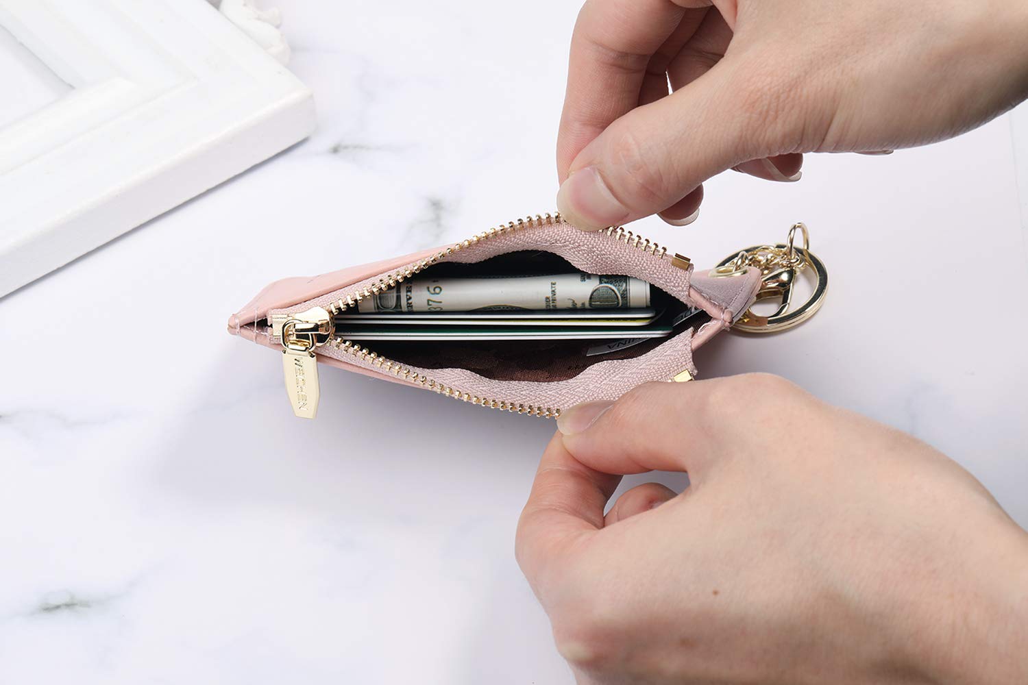 Small Wallets for Women Slim Leather Card Case Holder Wallet Coin Change Purse with Keychain (Light pink)