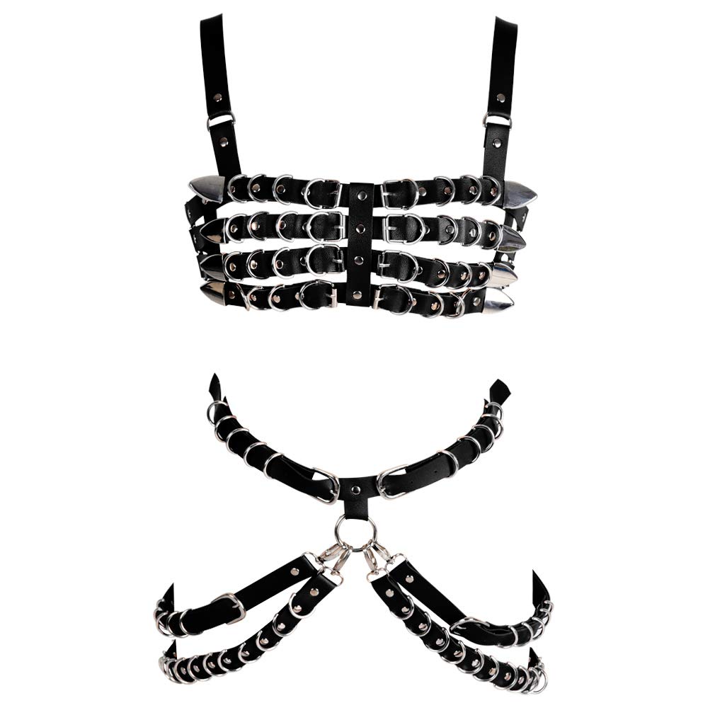 Women's full body harness bra Chest strap Leather Waist belt lingerie cage set Waist belt Punk gothic Dance Photography Rock (Black)