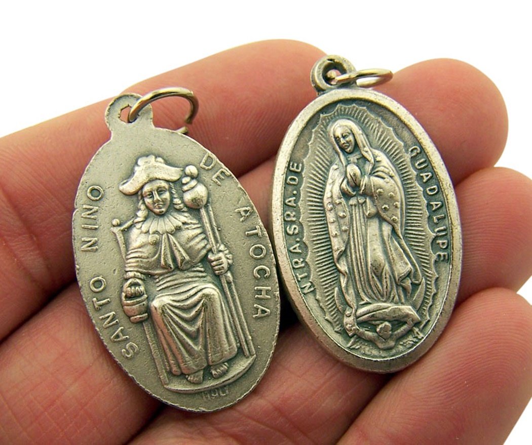 Religious Gifts Silver Toned Base Our Lady of Guadalupe Santo Nino de Atocha Two Sided Medal Pendant, 1 3/8 Inch