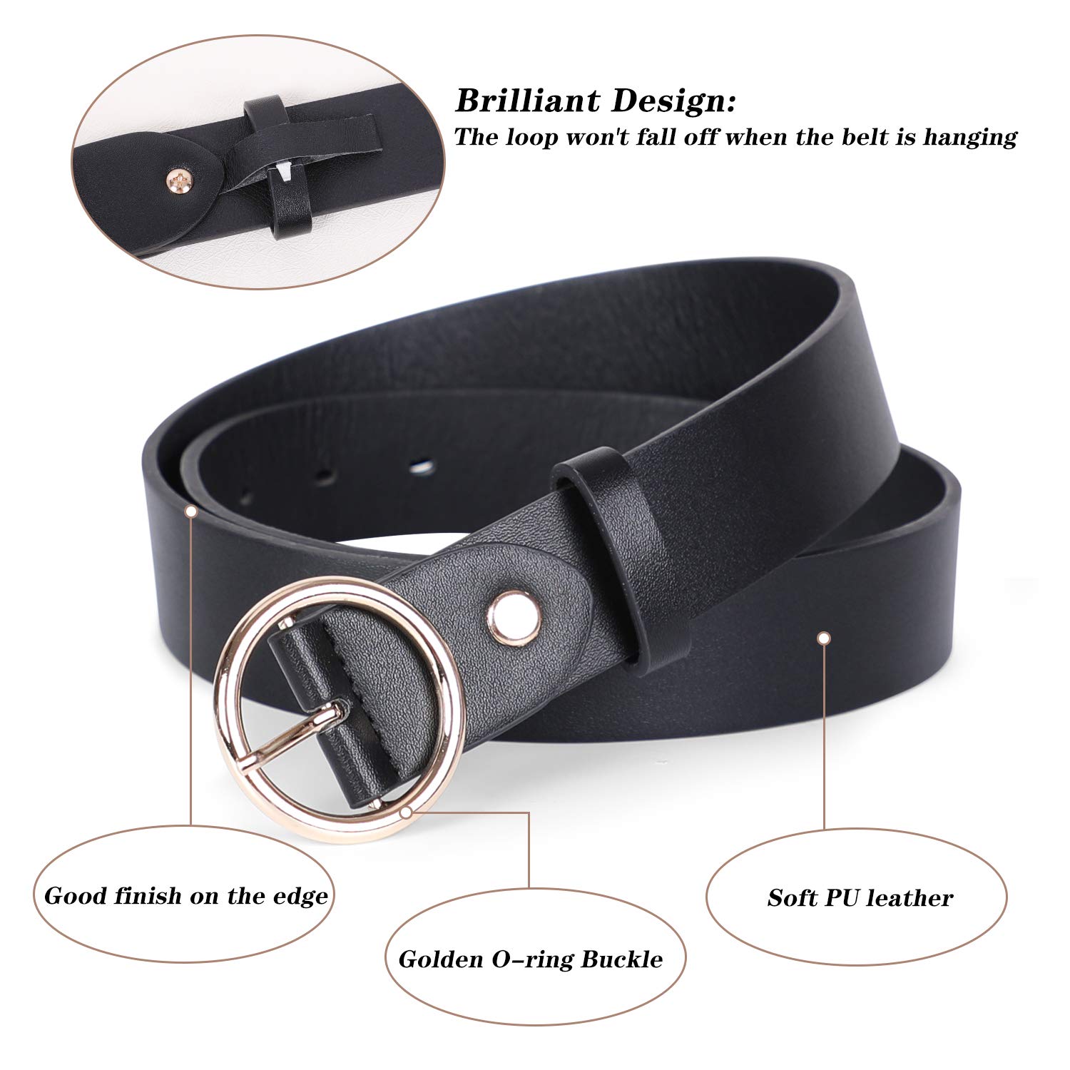SUOSDEY Women Leather Belts,Plus Size Fashion Soft Faux Leather Jeans Belts with O-Ring Buckle,black