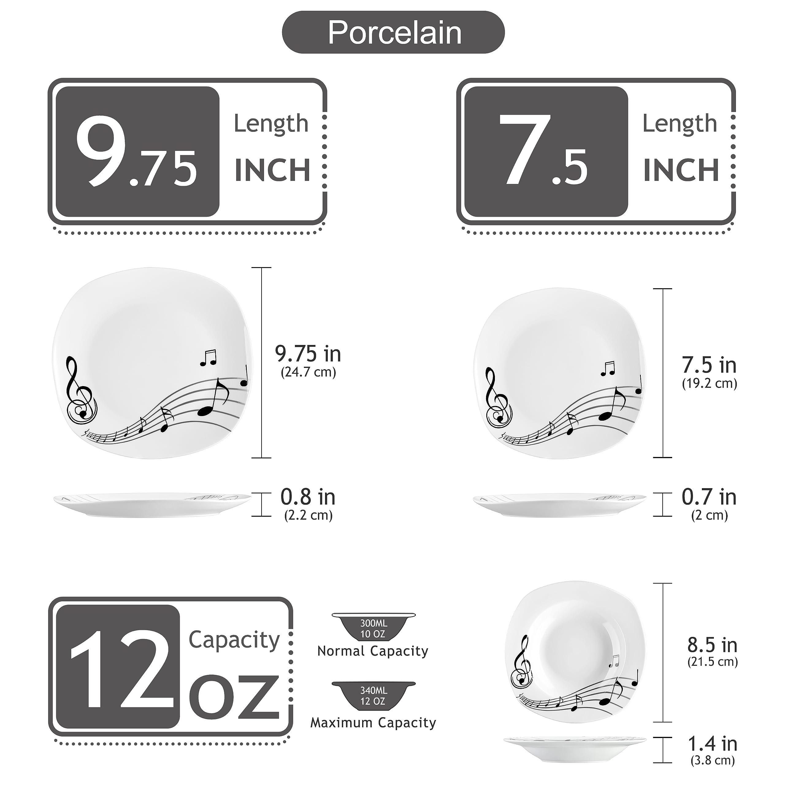 VEWEET Porcelain Dinnerware Sets, 36-Piece Square Musical Note Patterns Plate Sets with Dinner Plate, Soup Plate, Dessert Plate, Service for 12, MELODY Series