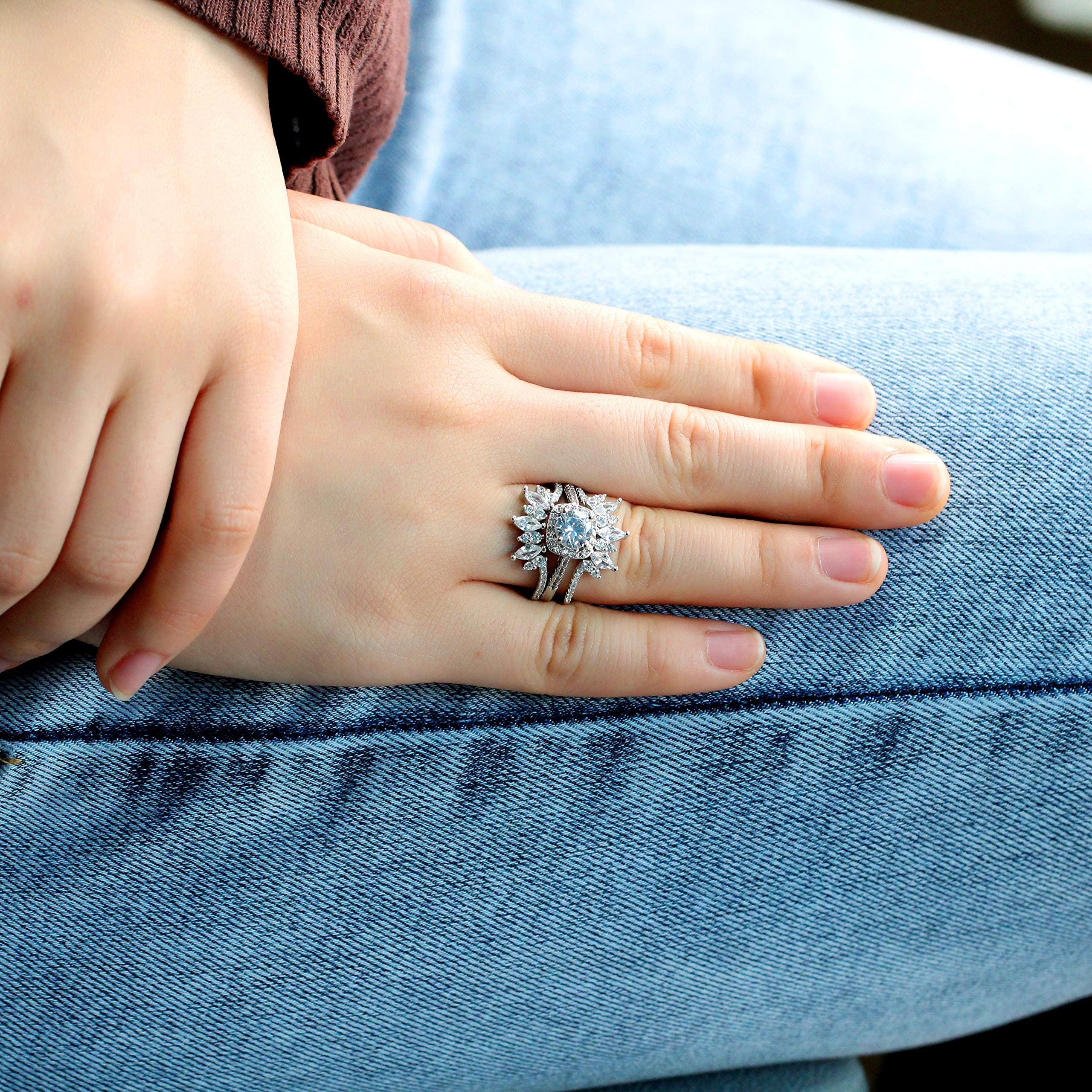 Women's Marquise-Shape CZ Engagement Band Guard Enhancers Silver Stacking Wedding Ring Set Platinum Plated (size 6)