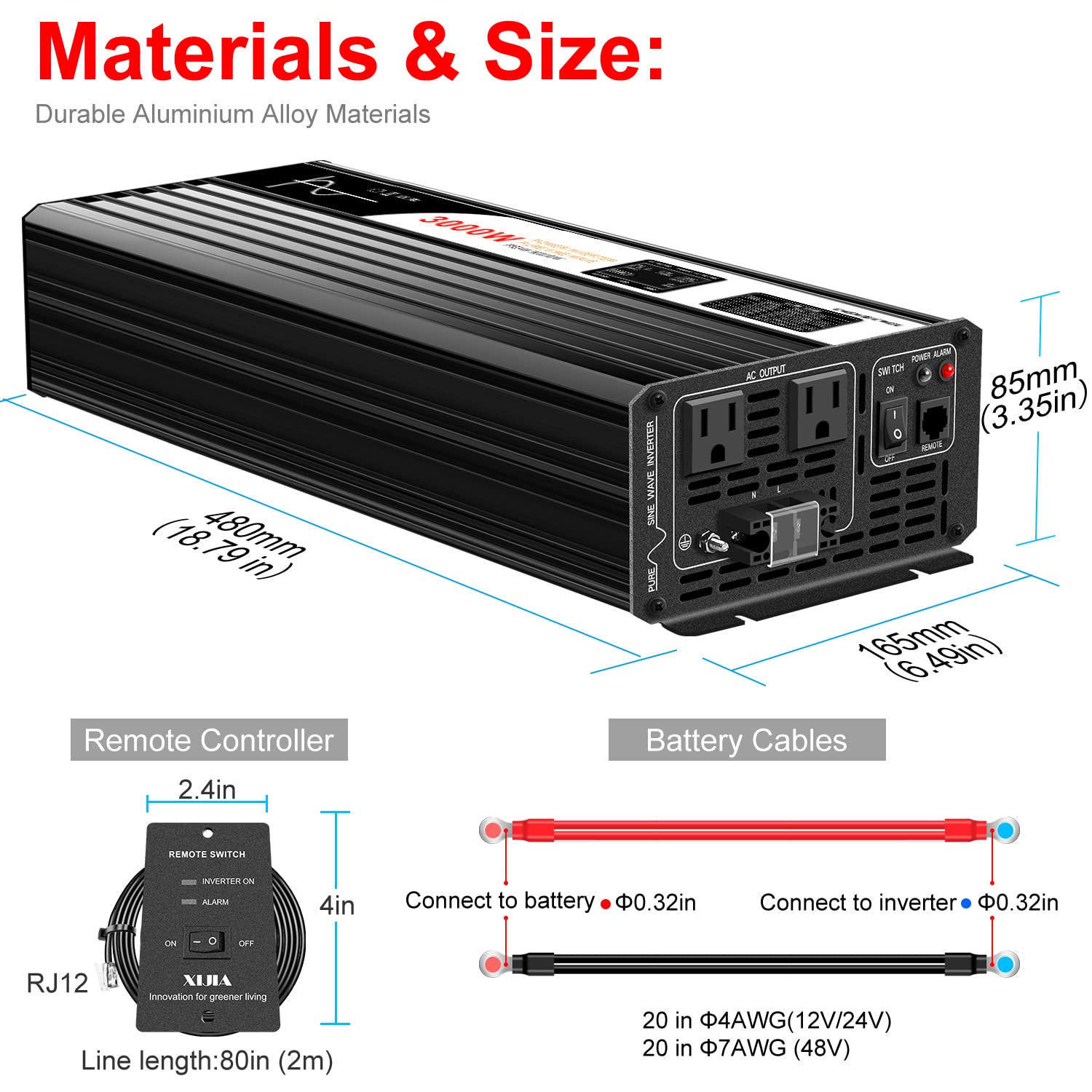XIJIA 3000W (Peak 6000W) Pure Sine Wave Power Inverter DC 12V to AC 120V 60HZ Solar Converter for Home Use car Remote Control (DC12V (Range 10V-15V) 3000W)