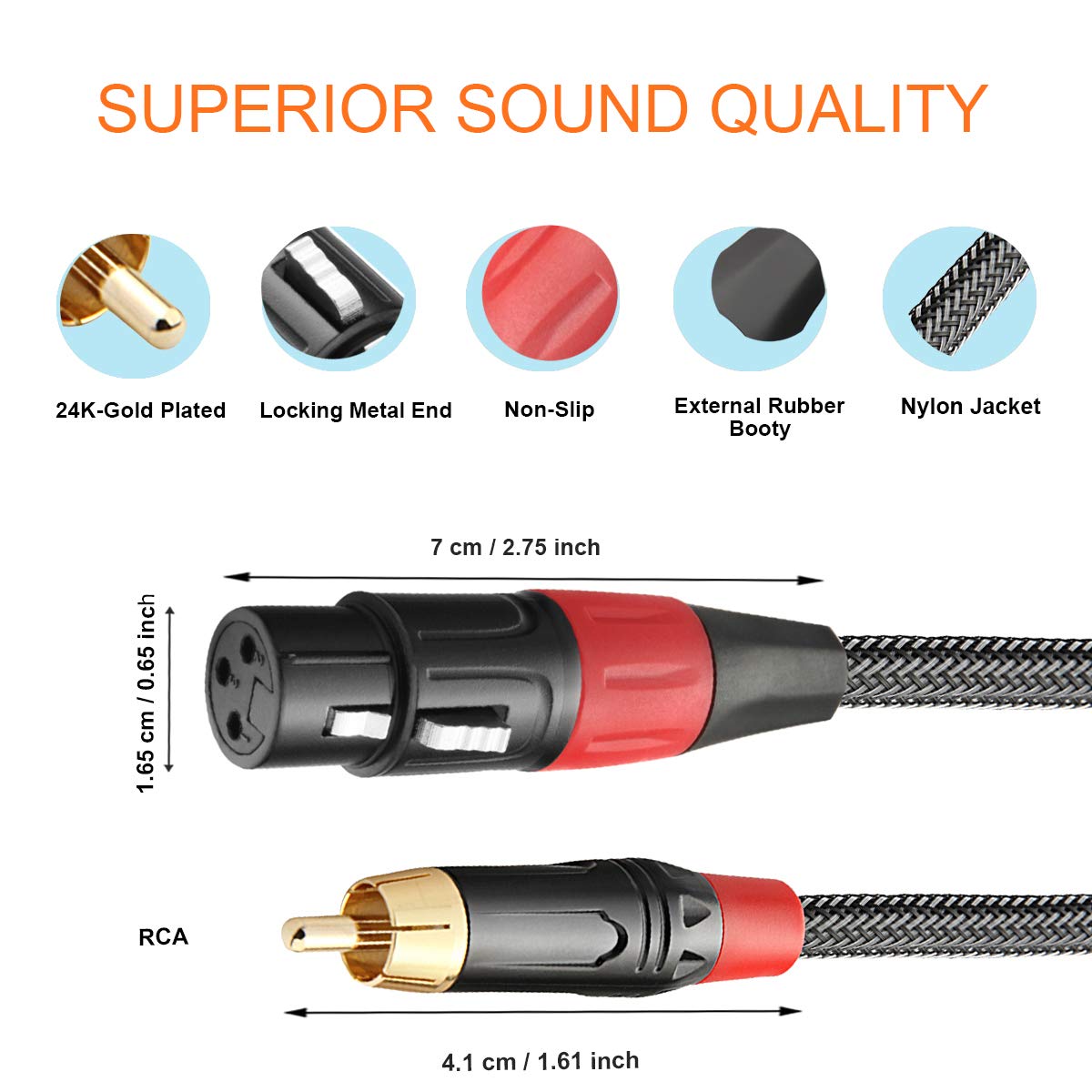 tisino XLR to RCA Cable, Nylon Braid XLR Female to RCA Male HiFi Audio Cable, 4N OFC Wire, for Amplifier Mixer Microphone - Single, 6.6 Feet