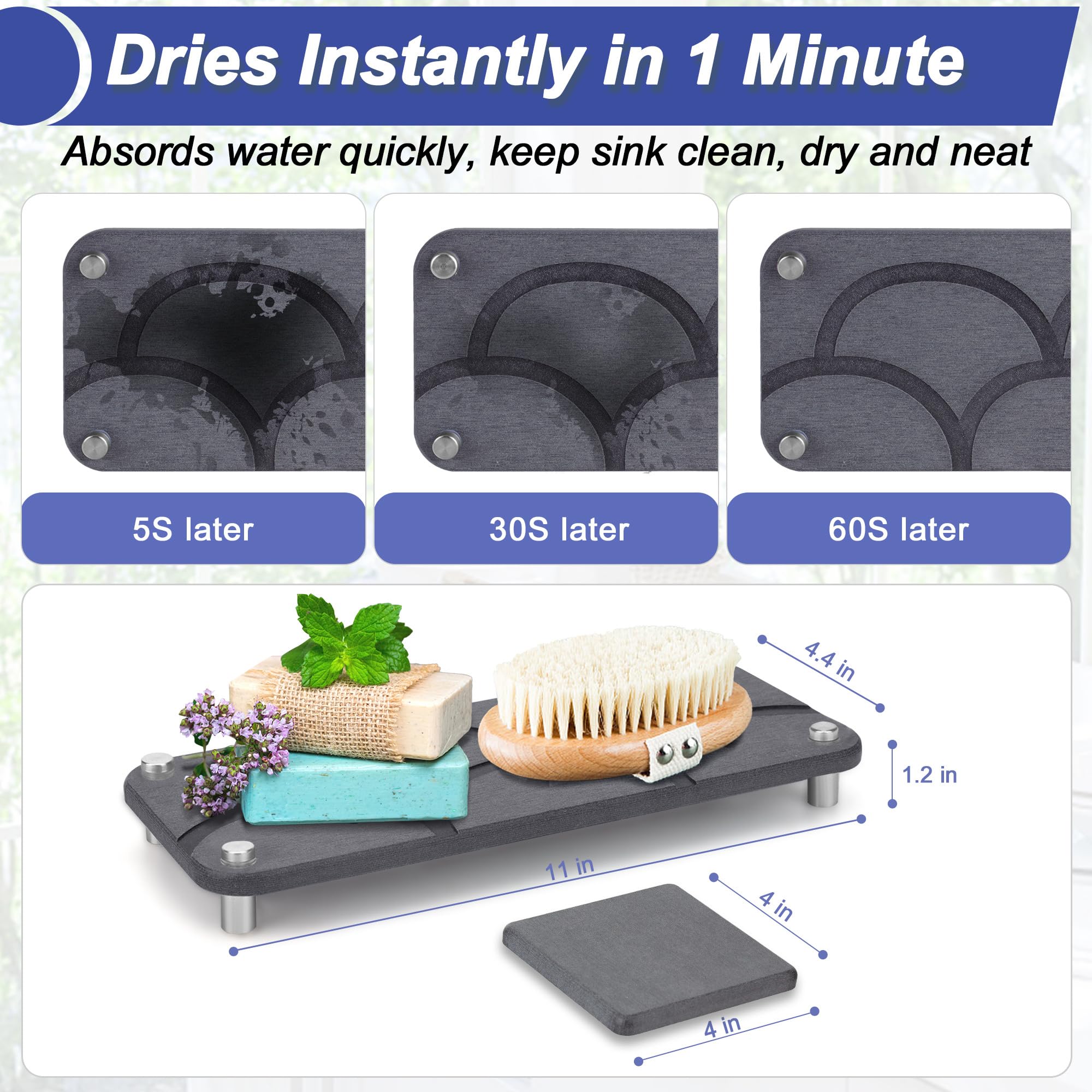 Yukee 2PCS Diatomaceous Earth Instant Dry Sink Organizer Tray with 2PCS Coasters, Bathroom Kitchen Counter Fast Water Absorbing Stone Sink Caddy Sponge Soap Drying Holder Rack