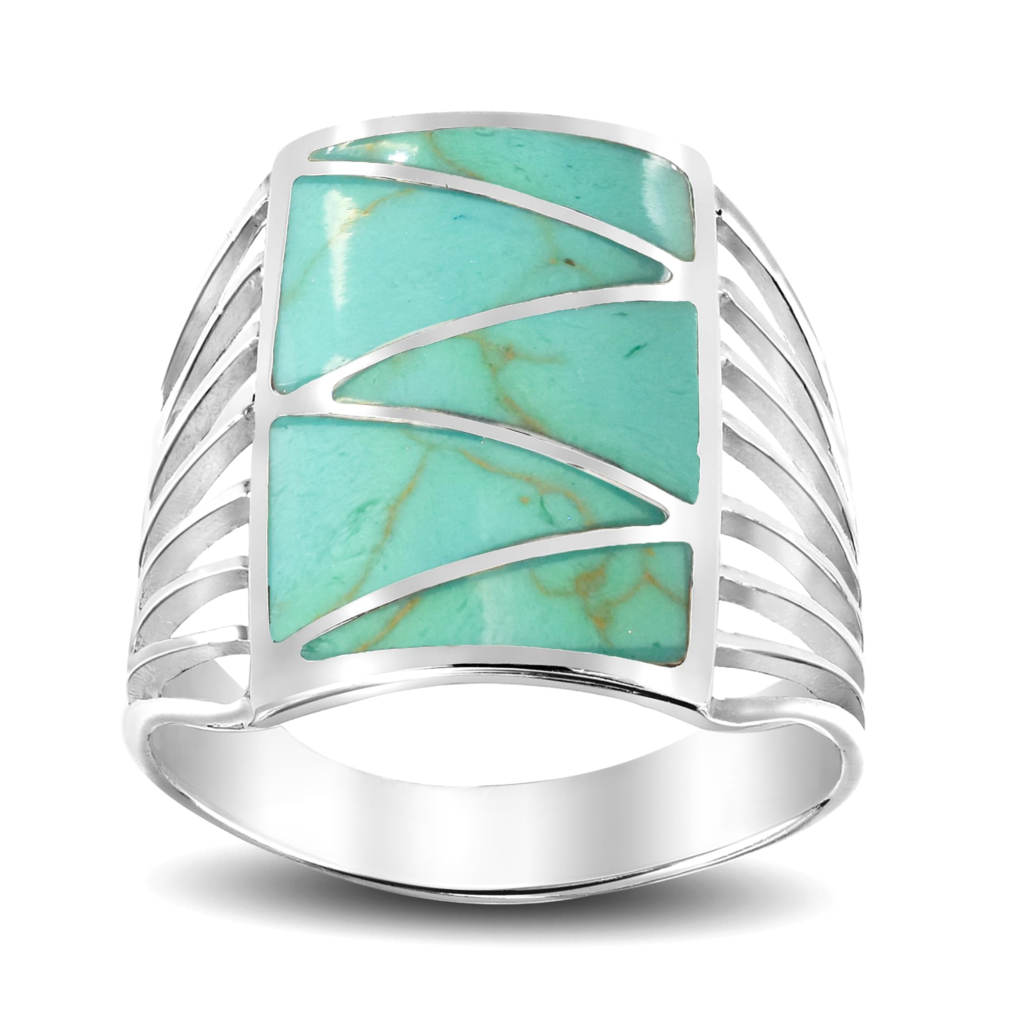 Stripe Line Zig-Zag Simulated Turquoise .925 Sterling Silver Ring (8)