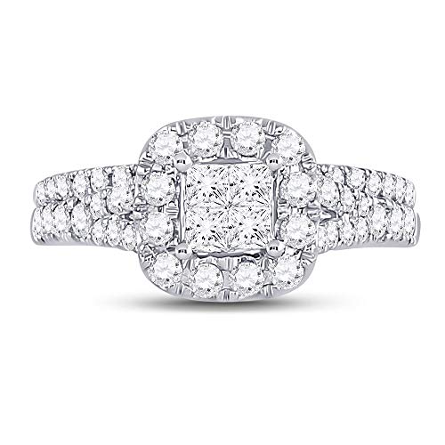 Solid 14k White Gold Princess Cut Diamond Cluster Bridal Wedding Engagement Ring Band Set 1.00 Ct. - Size 7