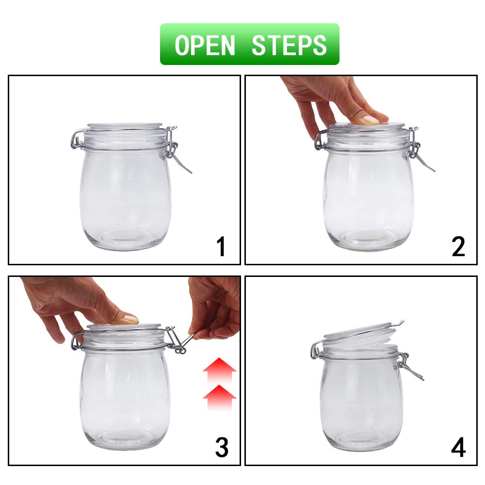 YEBODA 24oz Food Storage Canister Glass Jars with Clamp Airtight Lids and Silicone Gaskets for Multi-Purpose Kitchen Containers - Clear Round (4 Pack)