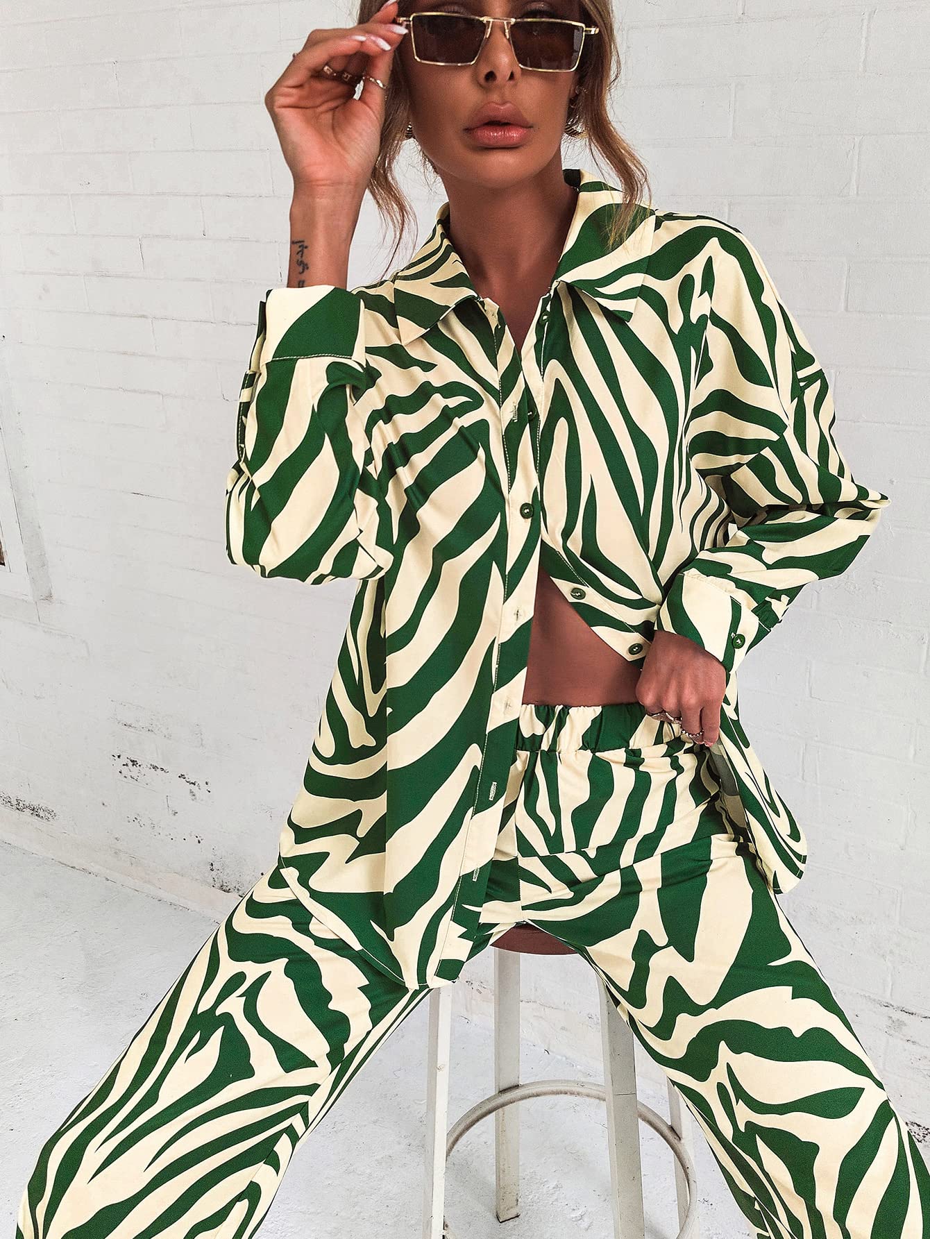 WDIRARA Women's Zebra Print Button Drop Shoulder Long Sleeve Blouse and Pants 2 Piece Outfit Set Teal Blue and White M