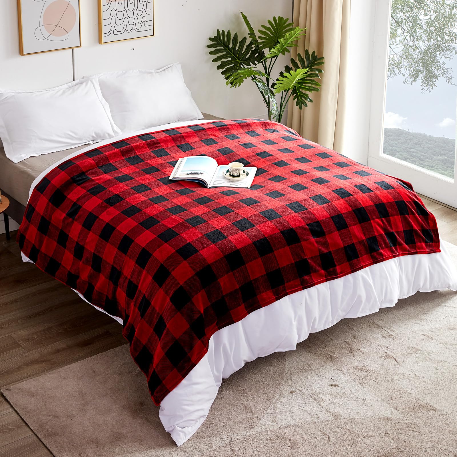 Touchat Fleece Throw Blankets, Buffalo Plaid Throw Blanket for Couch Sofa Bed, Soft Warm Fuzzy Cozy Plush Checkered christmas blanket, Lightweight Farmhouse Decor 50" x 60" (Red & Black)